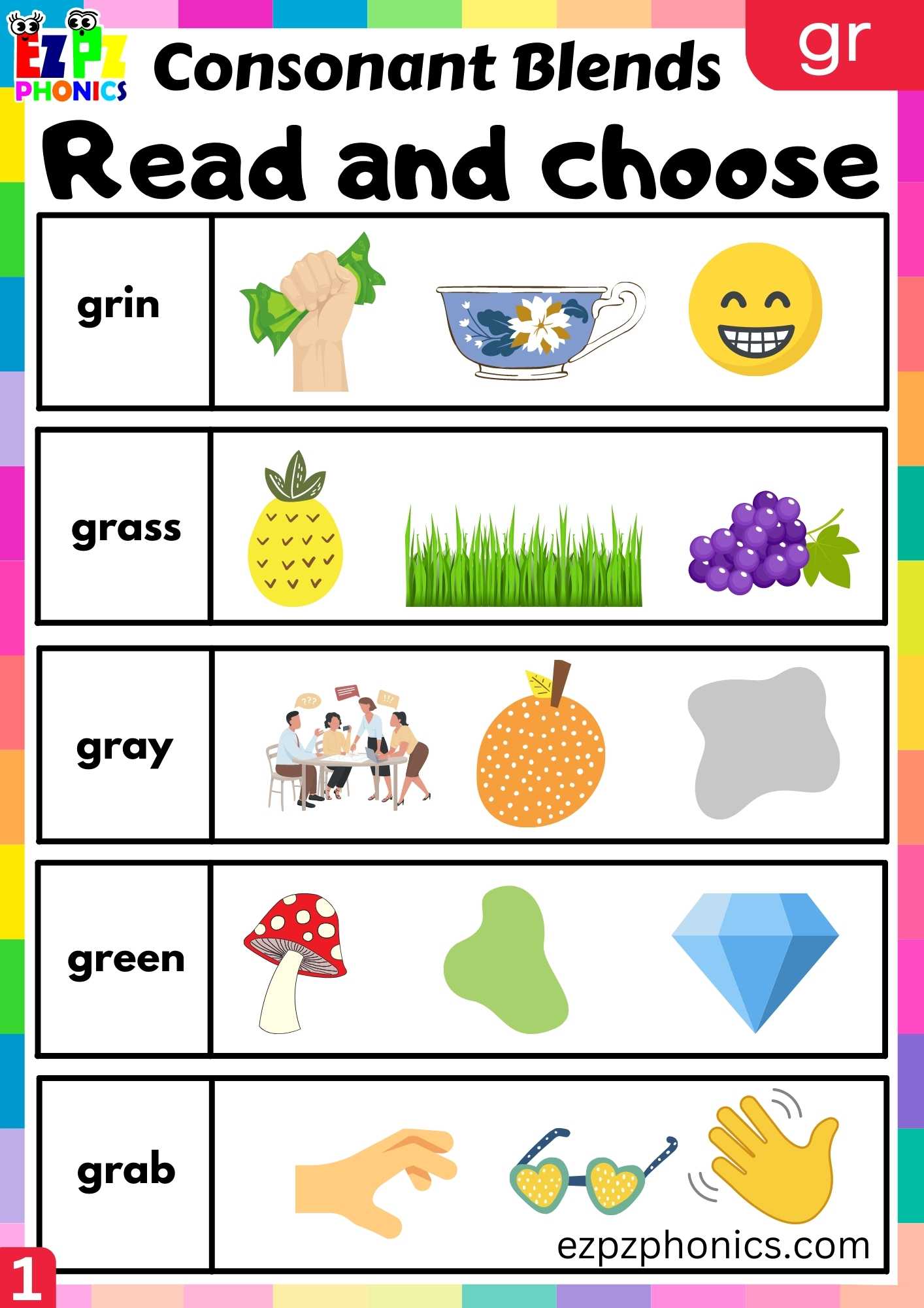 Group1 GR Words Read And Choose Phonics Consonant Blends Worksheet ...
