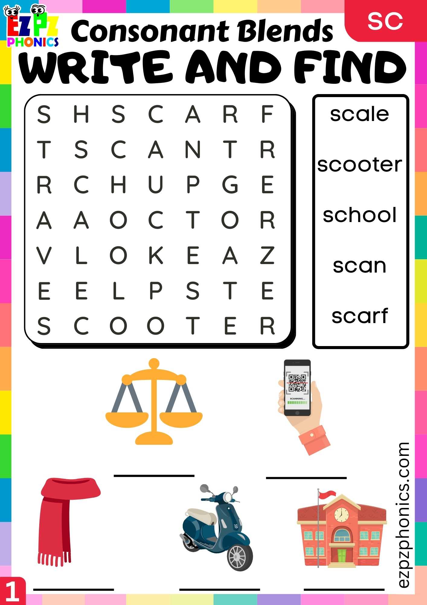 Group1 SC Words Write And Find Phonics Consonant Blends Worksheet ...