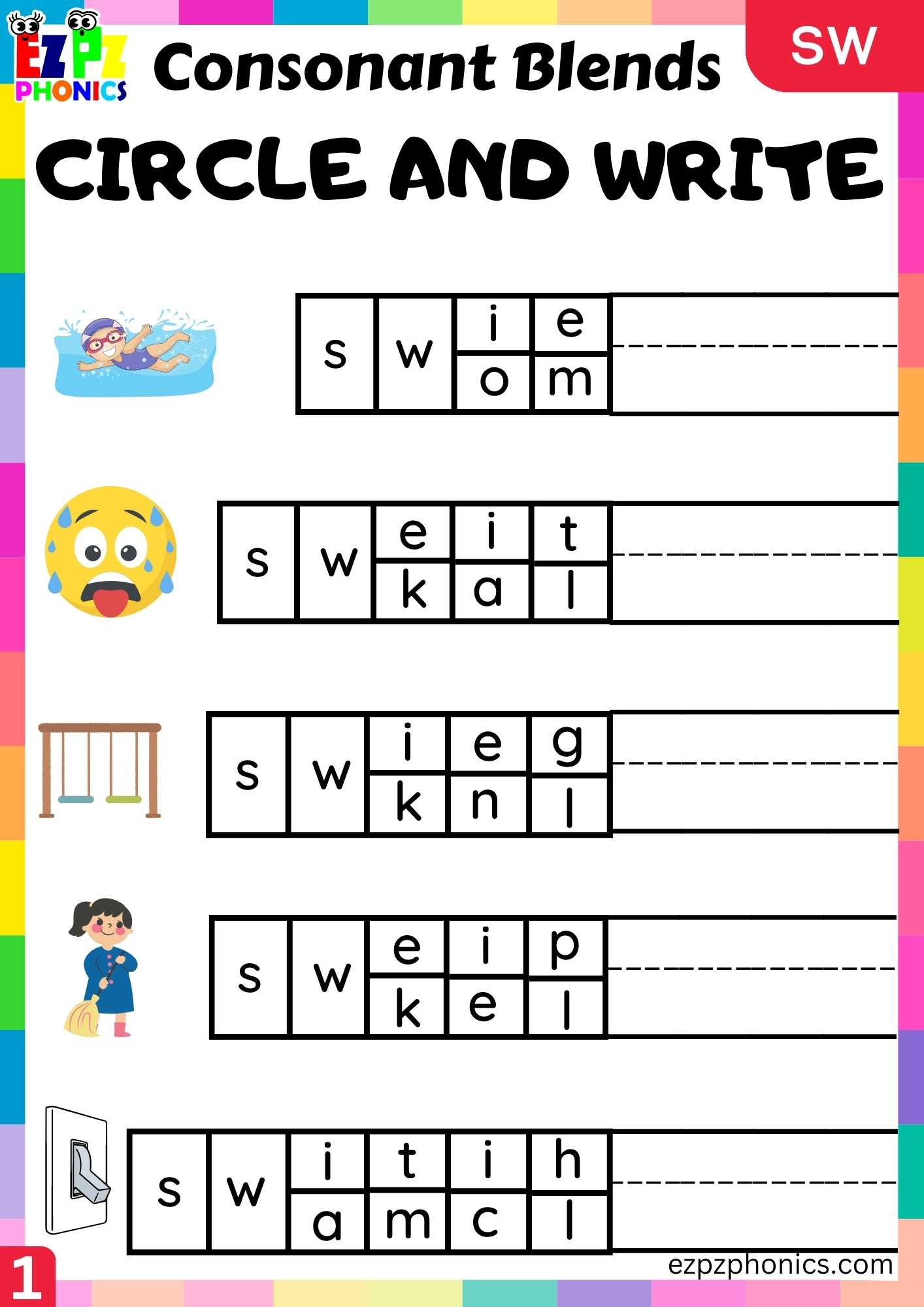 Group1 SW Words Circle And Write Phonics Consonant Blends Worksheet ...