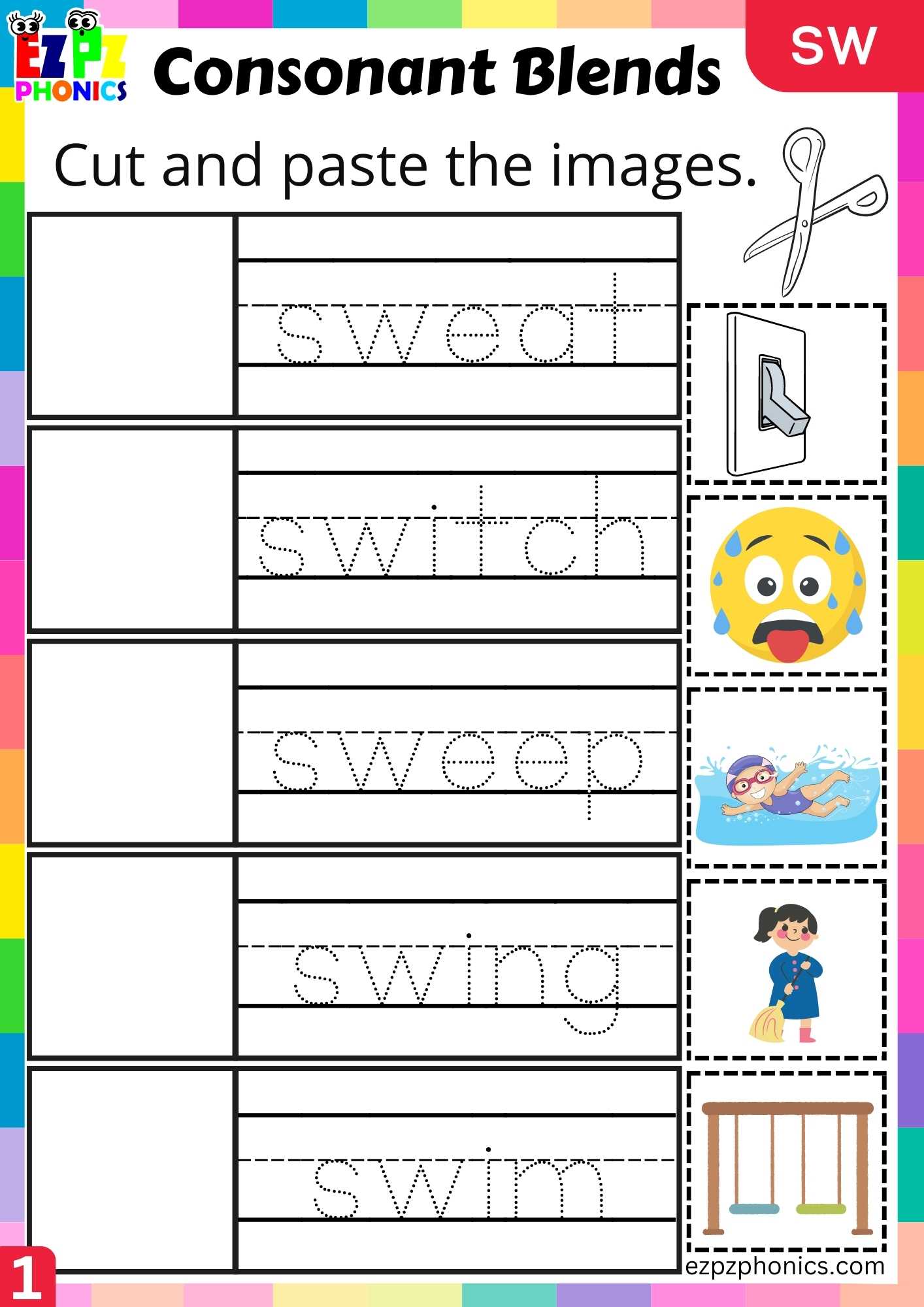 Group1 SW Words Cut And Paste The Images Phonics Consonant Blends ...