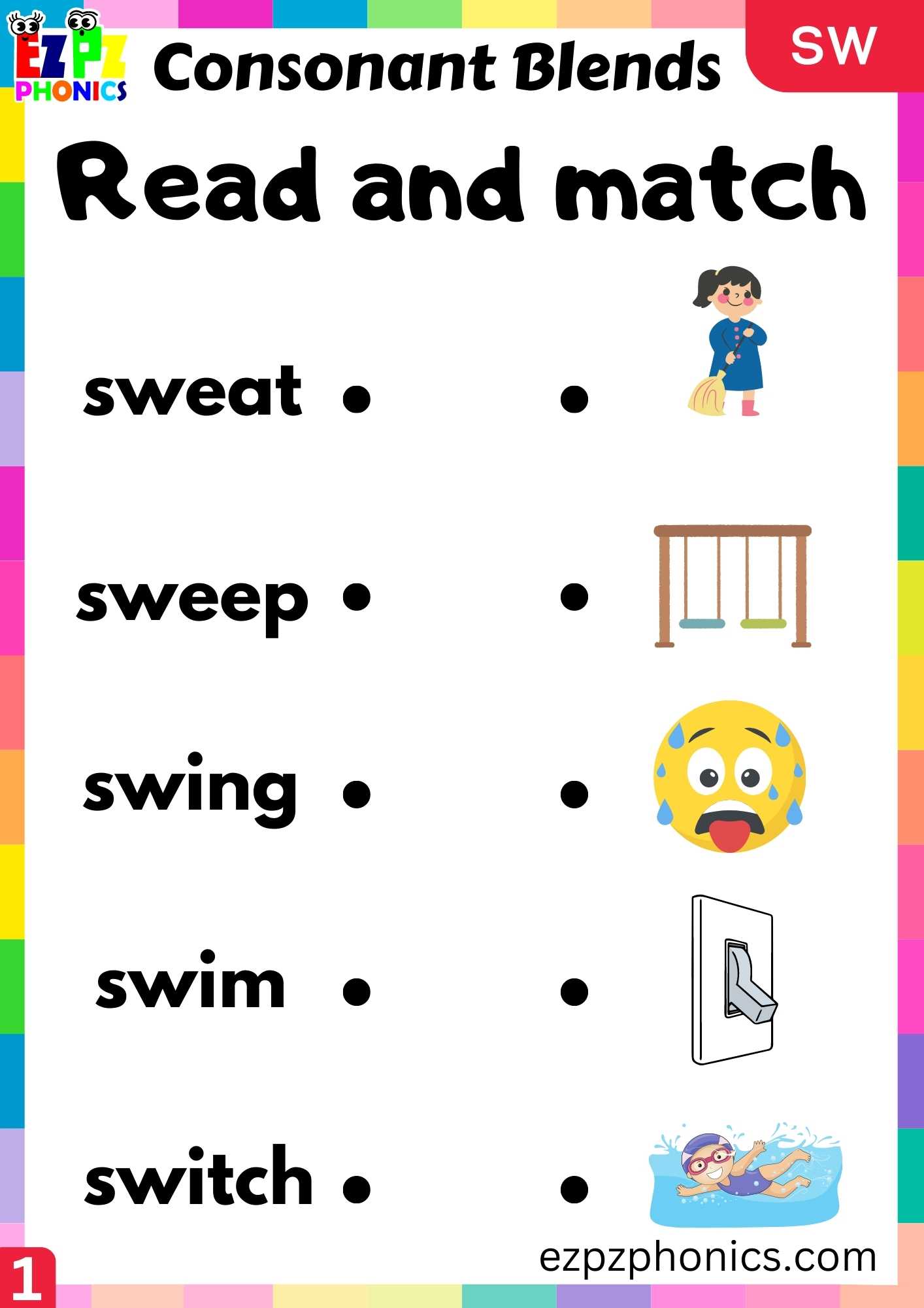 Group1 SW Words Read And Match Phonics Consonant Blends Worksheet ...