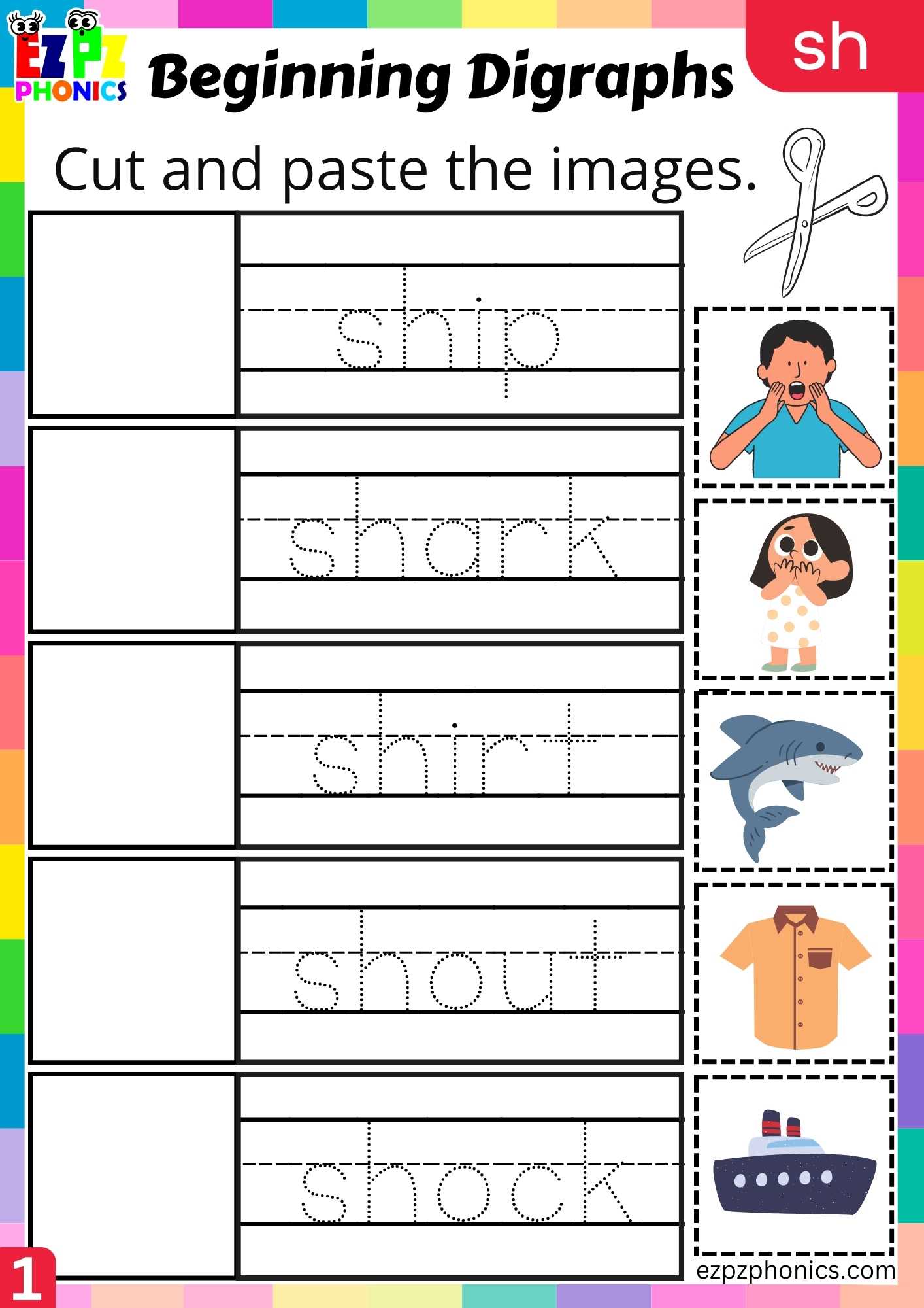 Group1 SH Words Cut And Paste The Images Consonant Digraphs Phonics ...
