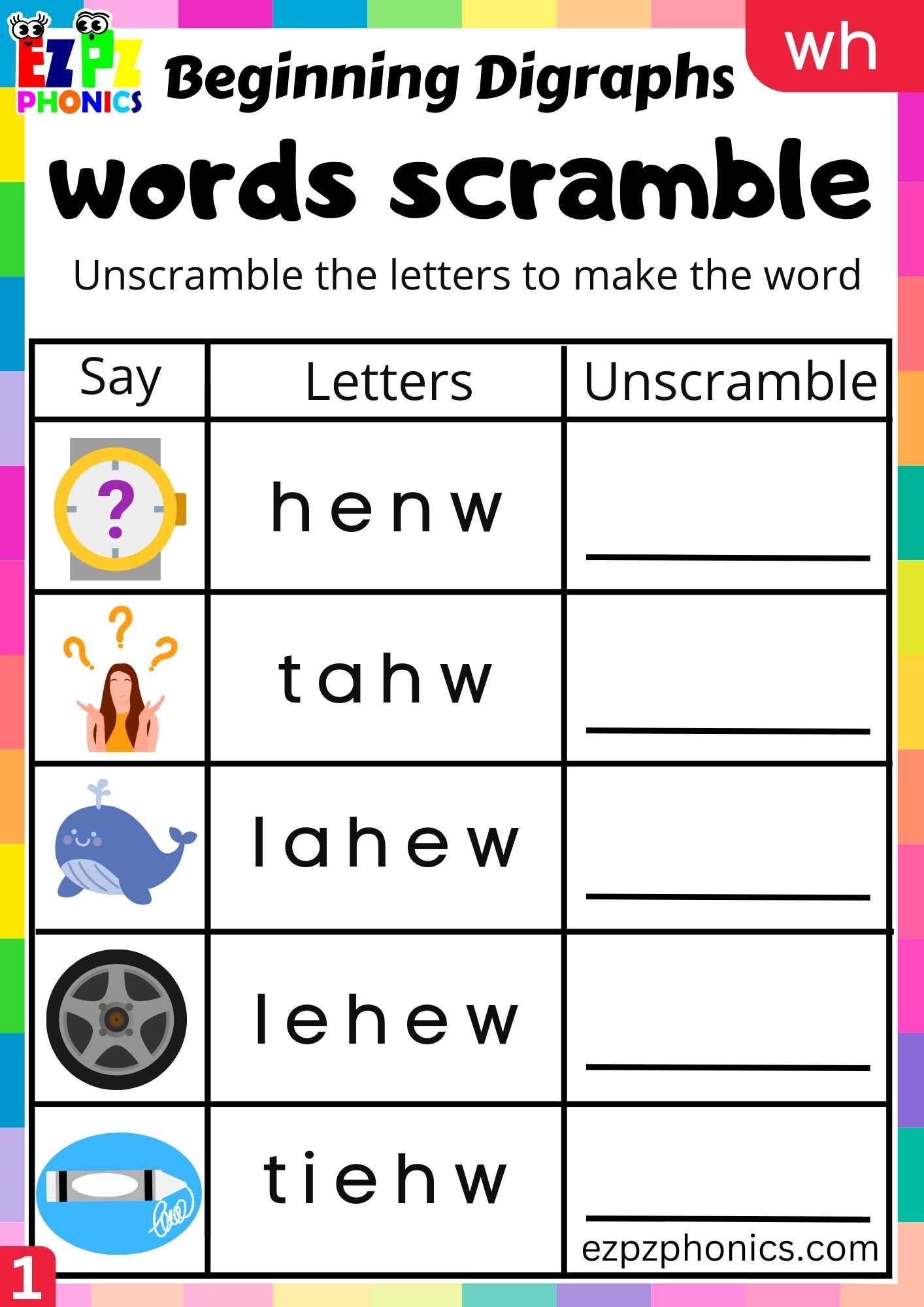Group1 WH Words Words Scramble Consonant Digraphs Phonics Beginning ...