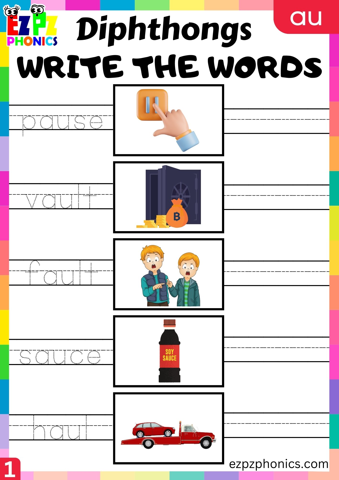 au Diphthong Write the Words Worksheet PDF Download - ezpzphonics.com