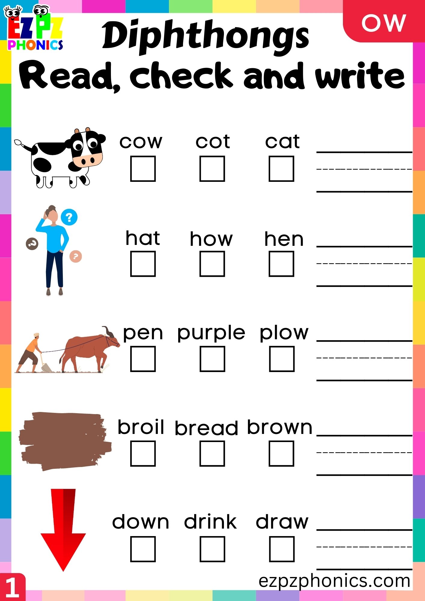 ow Diphthong Read Check and Write Worksheet PDF Download - ezpzphonics.com