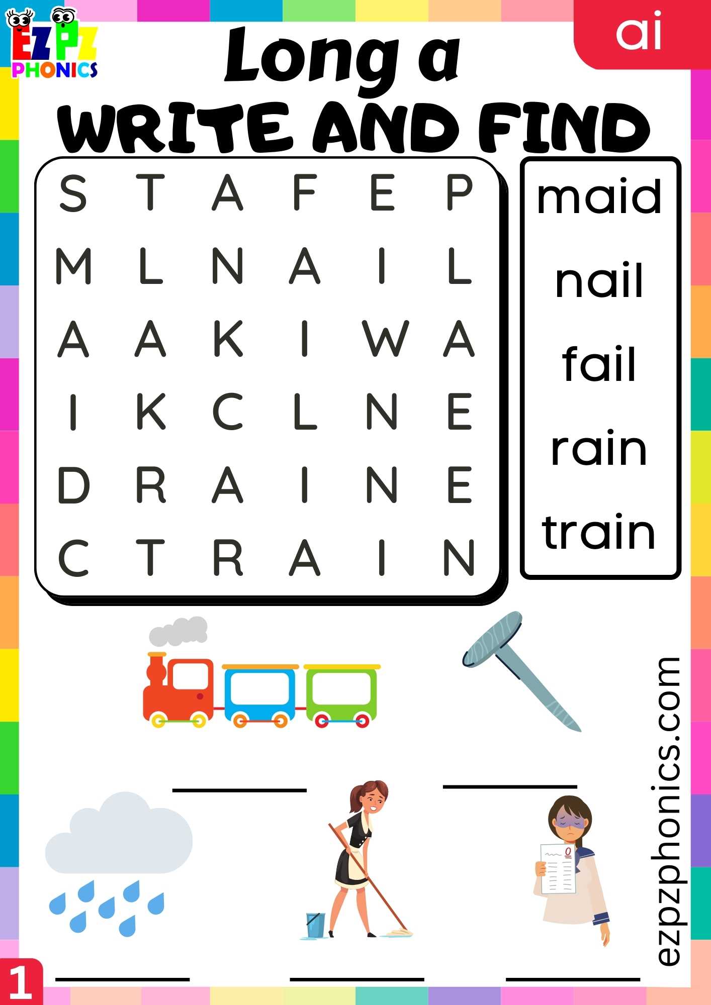 Group1 AI Words Write And Find Long A Phonics Worksheet - ezpzphonics.com
