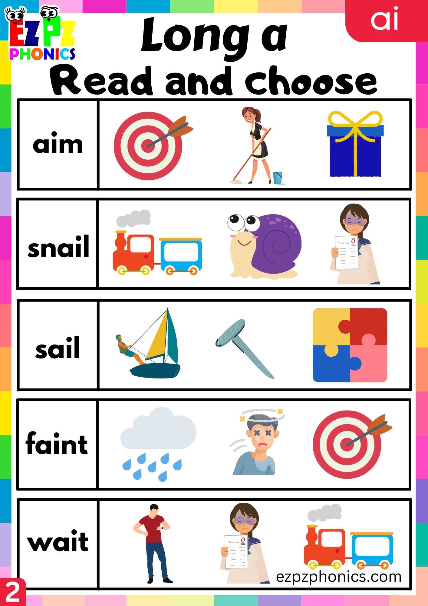 Group2 AI Words Read And Choose Long A Phonics Worksheet - ezpzphonics.com