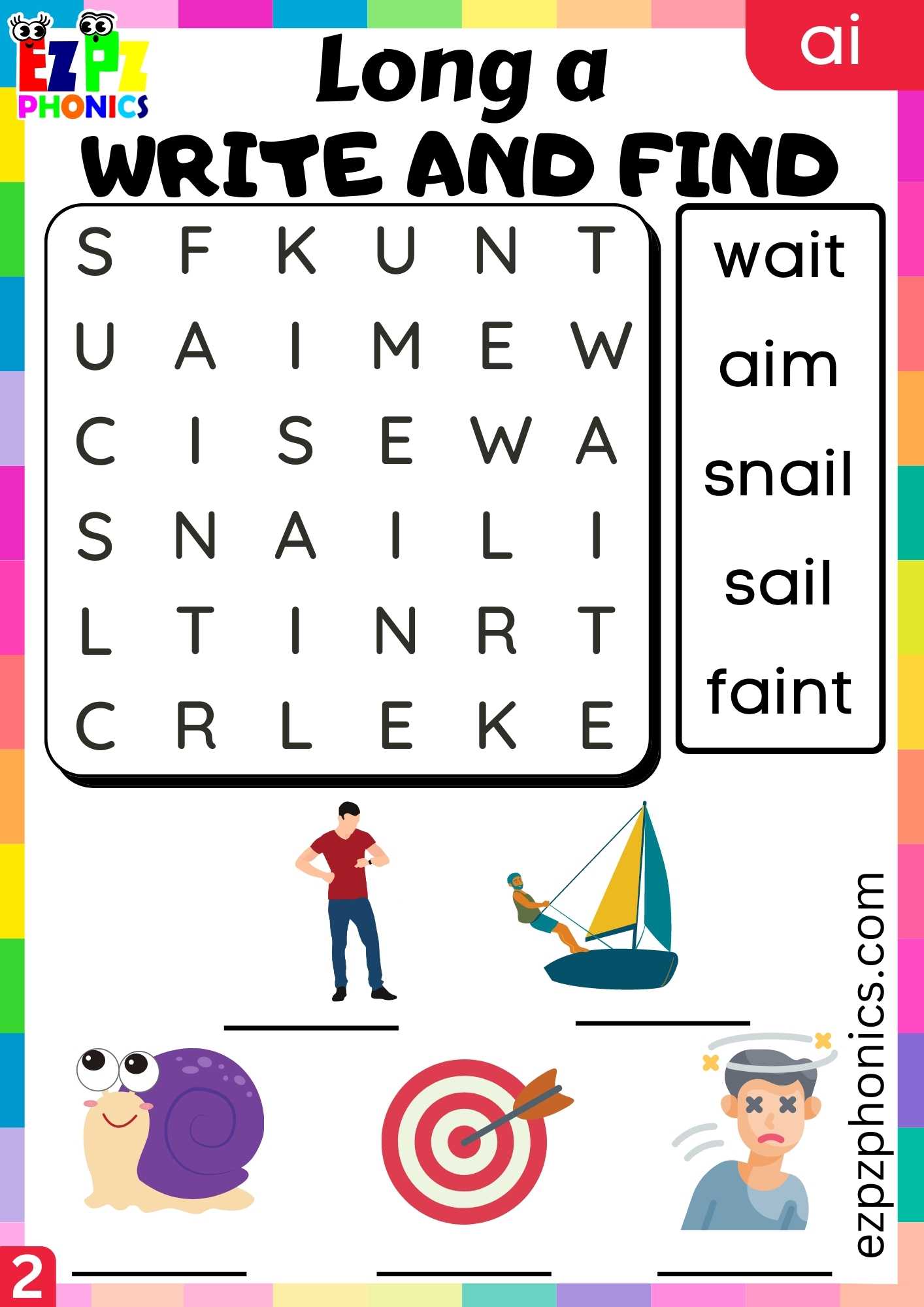 Group2 AI Words Write And Find Long A Phonics Worksheet - ezpzphonics.com