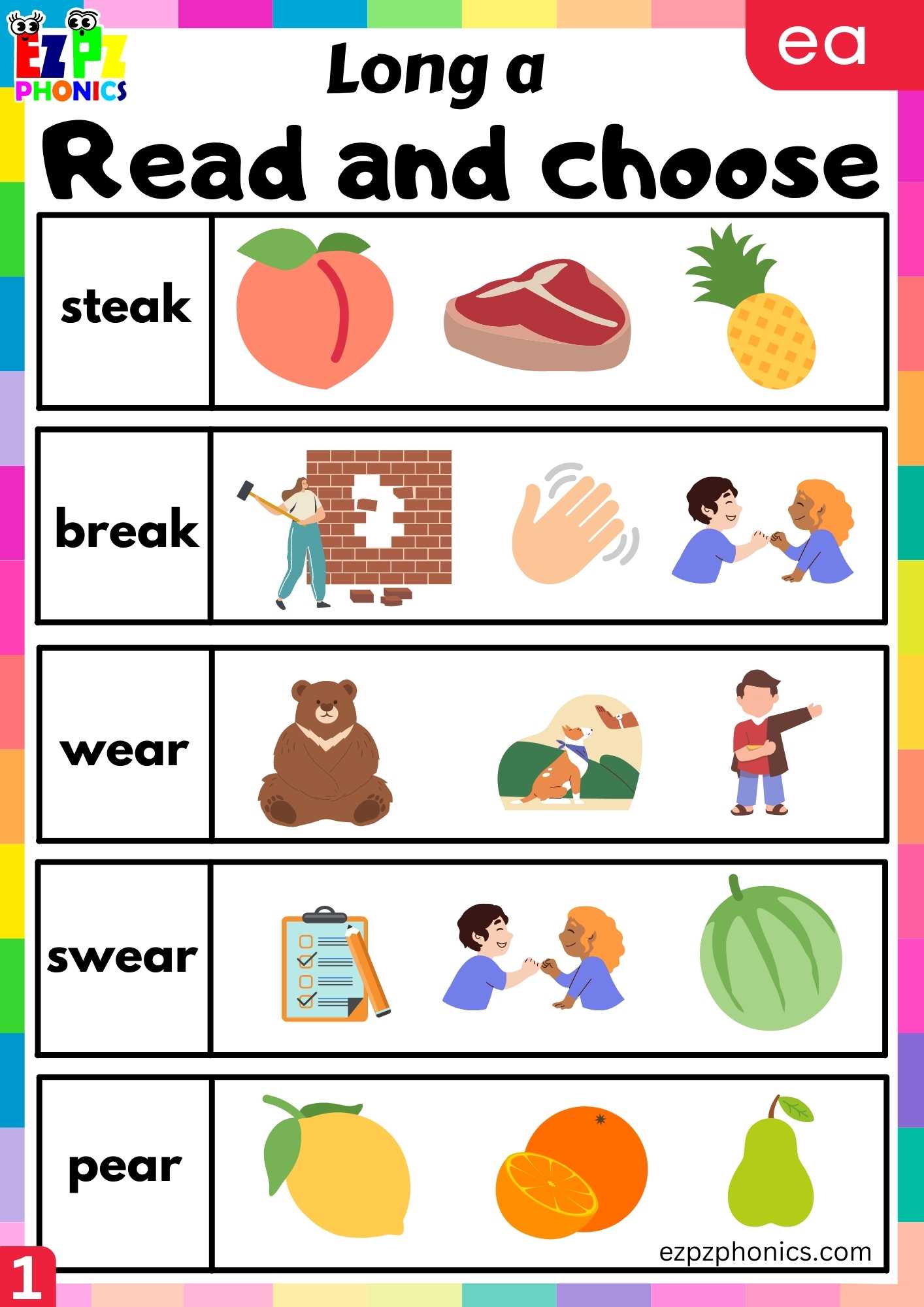 EA Words Read And Choose Long A Phonics Worksheet - ezpzphonics.com
