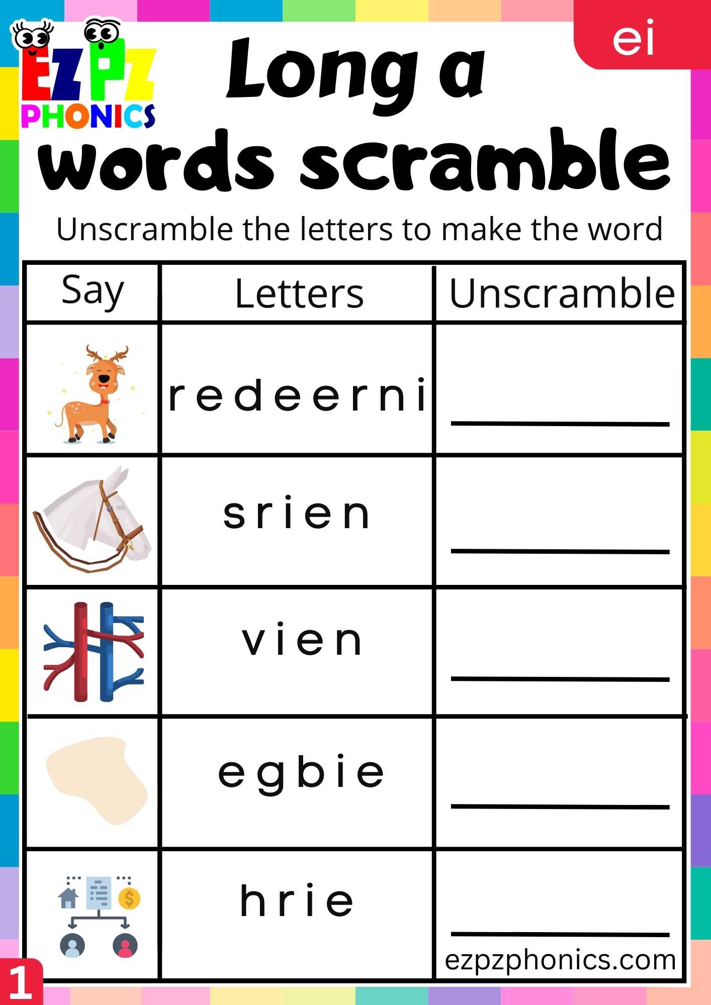 EI Words Words Scramble Long A Phonics Worksheet - ezpzphonics.com