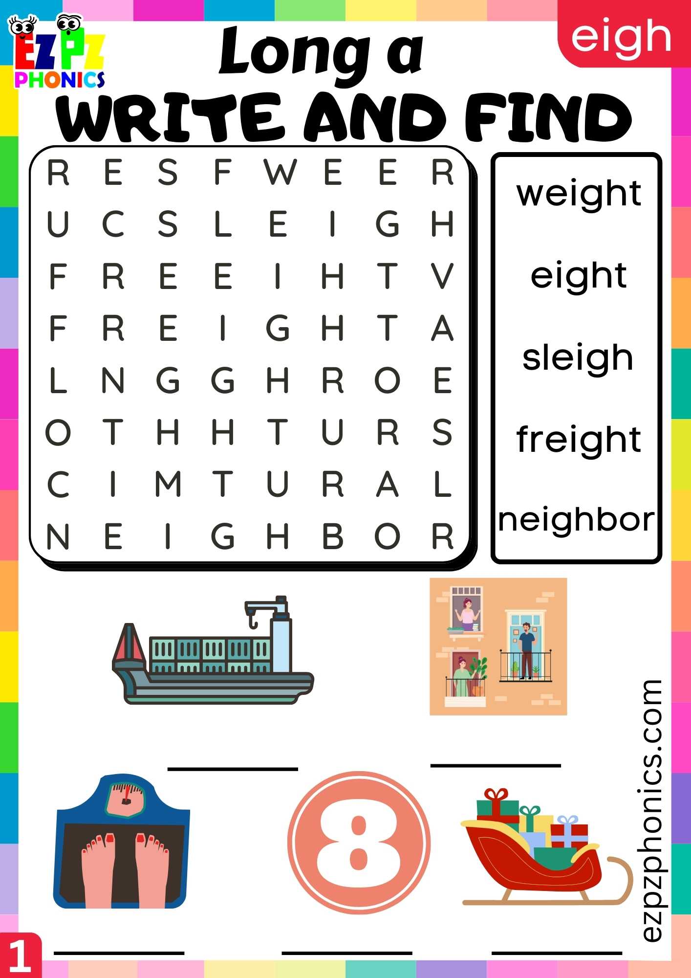 EIGH Words Write And Find Long A Phonics Worksheet - ezpzphonics.com