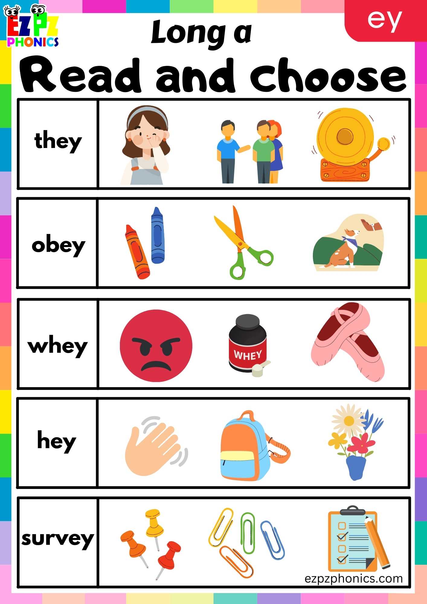 EY Words Read And Choose Long A Phonics Worksheet - ezpzphonics.com
