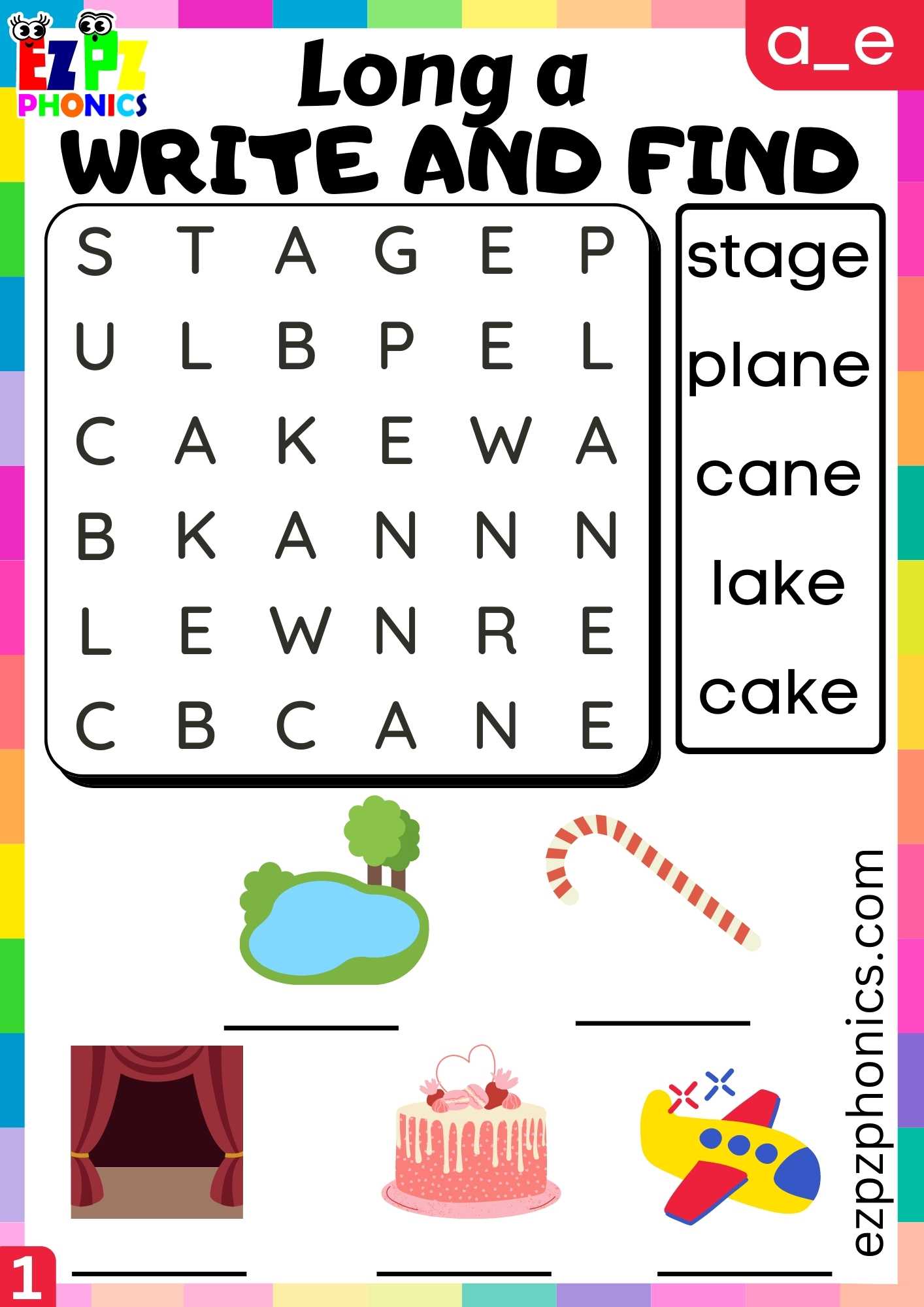 Group1 A_E Words Write And Find Long A Phonics Worksheet - ezpzphonics.com