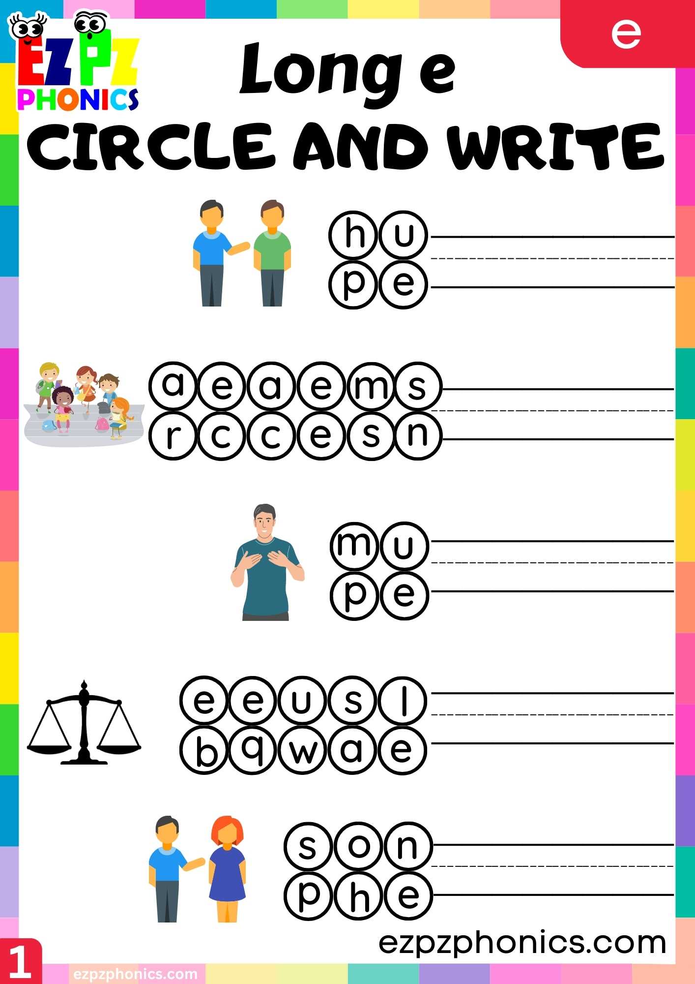 E Words Circle And Write Long E Phonics Worksheet - ezpzphonics.com