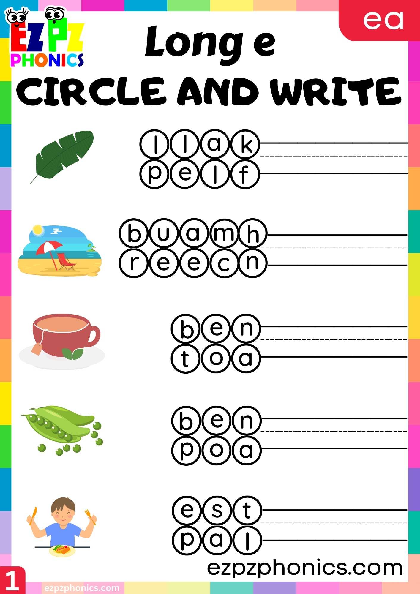 Group1 EA Words Circle And Write Long E Phonics Worksheet - ezpzphonics.com