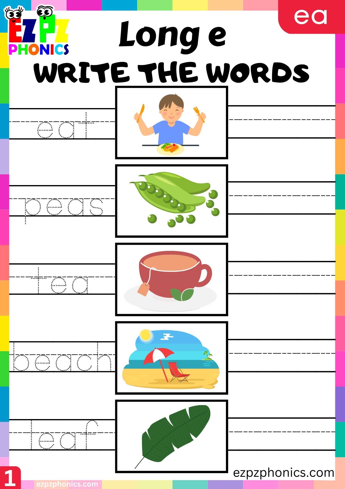 Group1 EA Words Write The Words Long E Phonics Worksheet - ezpzphonics.com