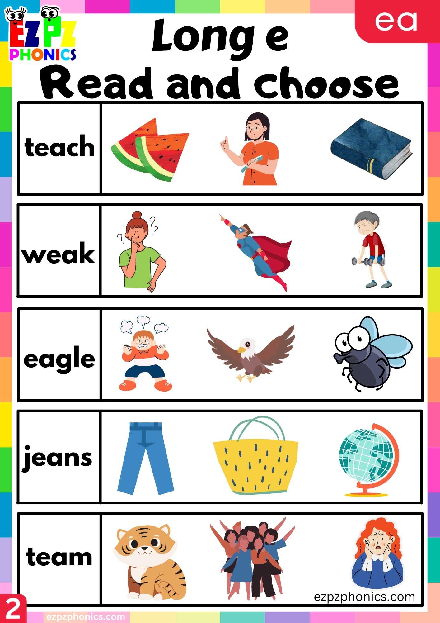 Group2 EA Words Read And Choose Long E Phonics Worksheet - ezpzphonics.com