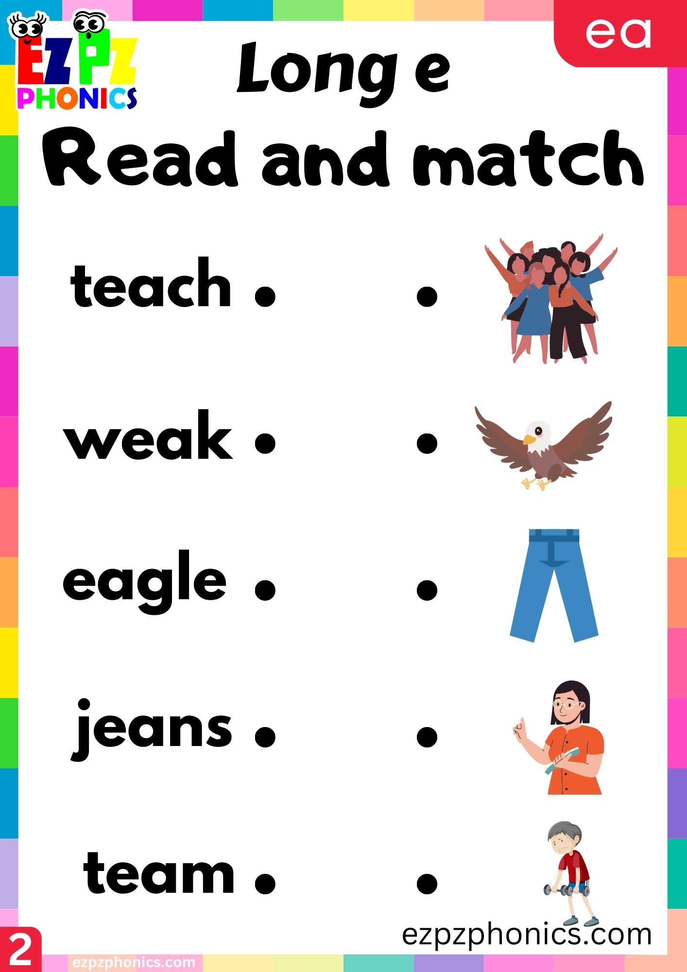 Group2 EA Words Read And Match Long E Phonics Worksheet - ezpzphonics.com