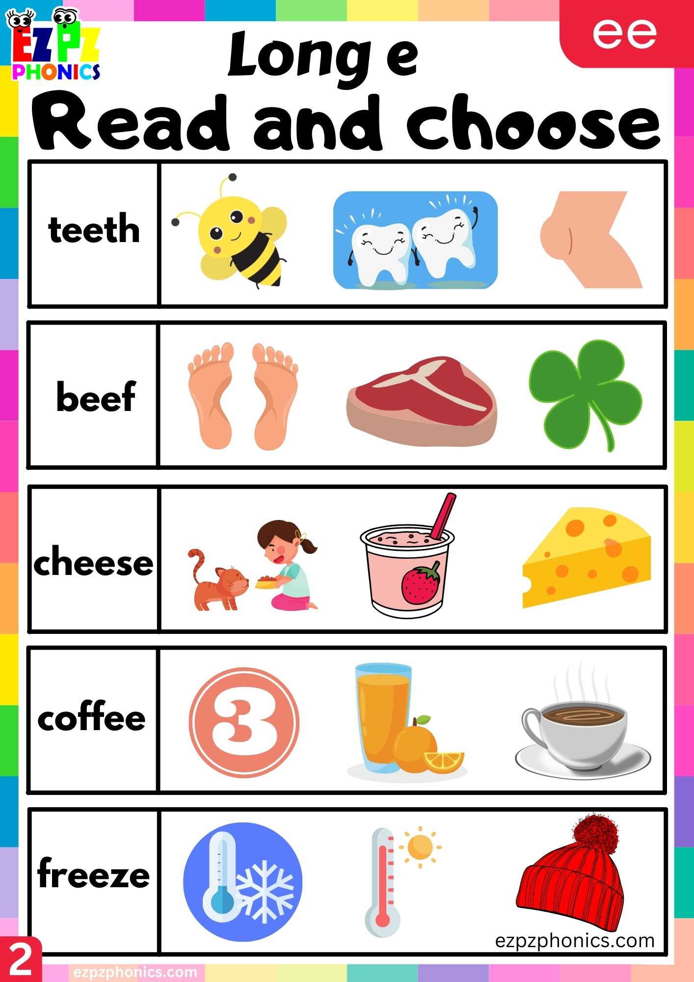 Group2 EE Words Read And Choose Long E Phonics Worksheet - ezpzphonics.com