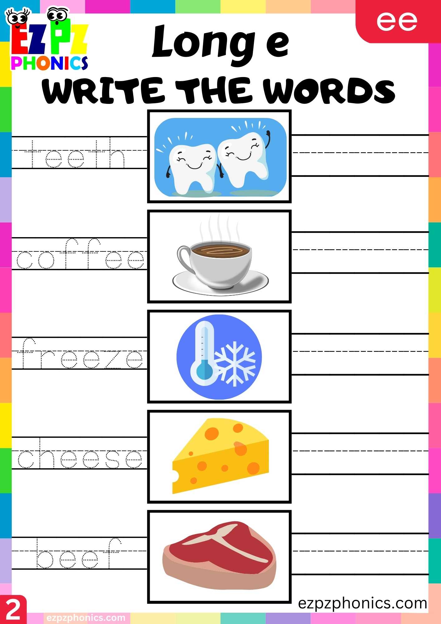 Group2 EE Words Write The Words Long E Phonics Worksheet - ezpzphonics.com