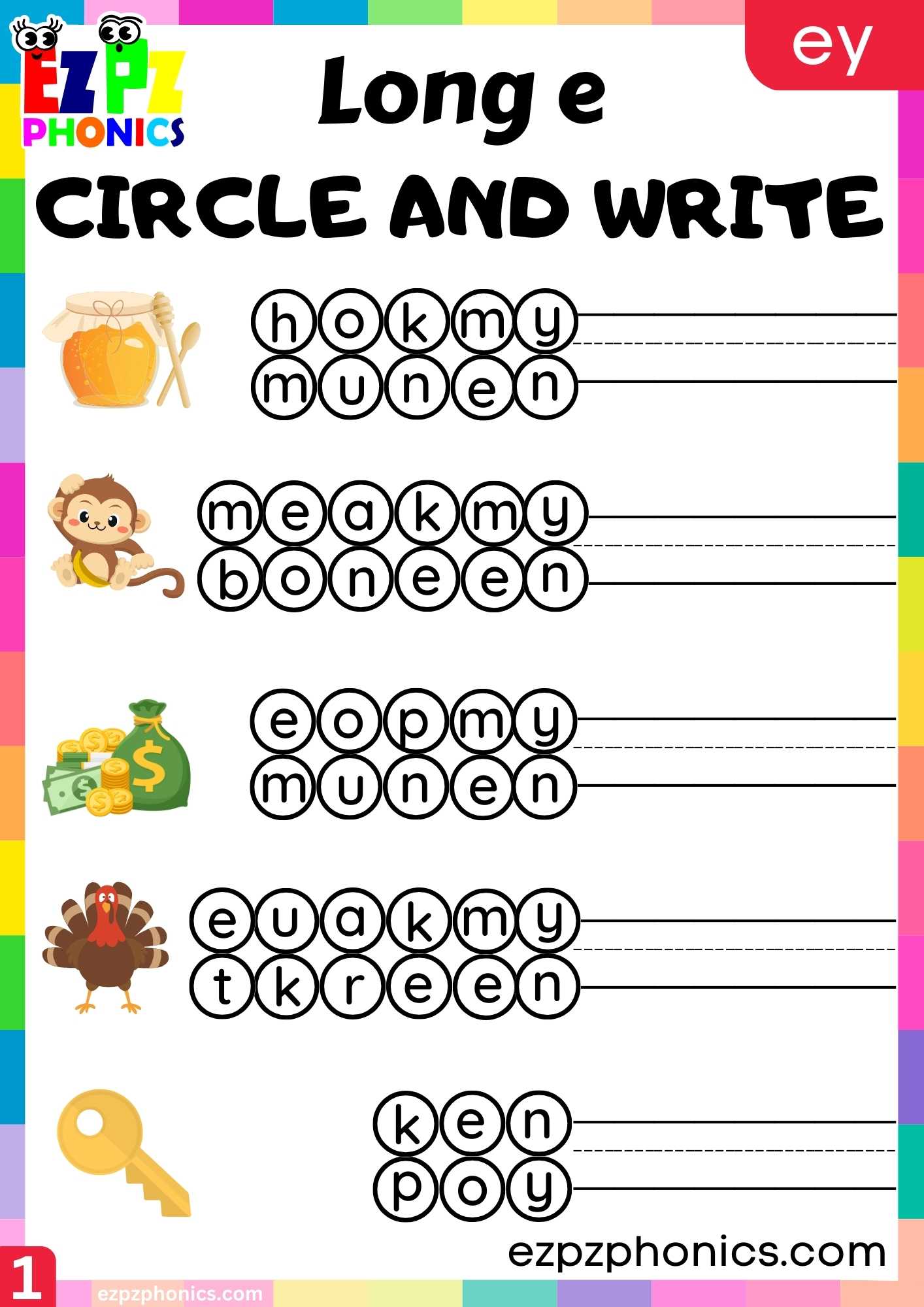 EY Words Circle And Write Long E Phonics Worksheet - ezpzphonics.com