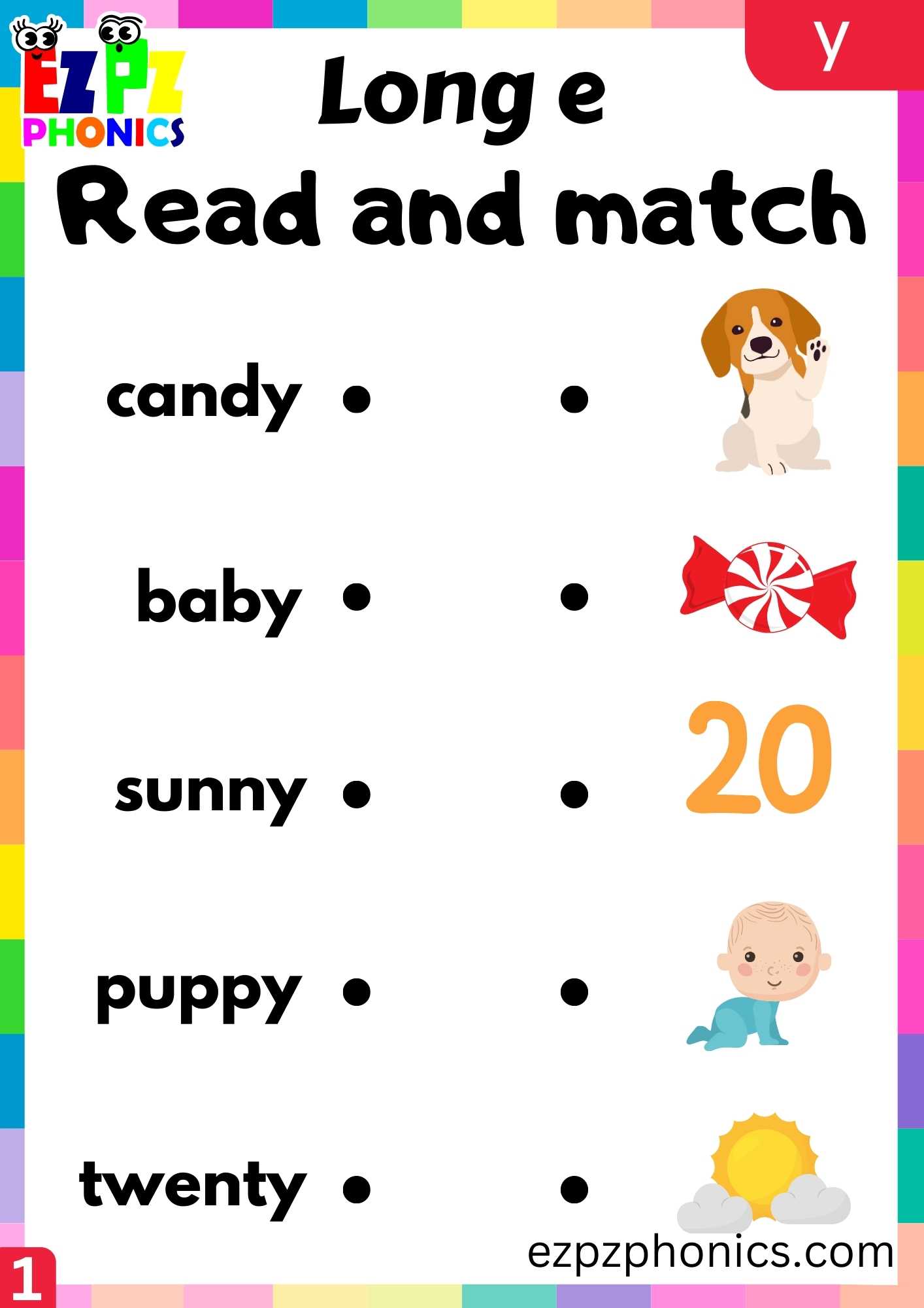 Group1 Y Words Read And Match Long E Phonics Worksheet - ezpzphonics.com