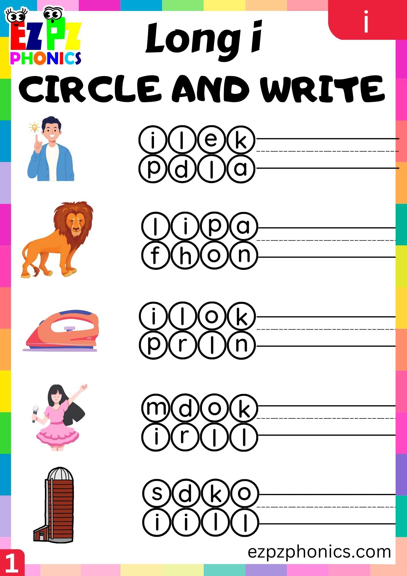 I Words Circle And Write Long I Phonics Worksheet - ezpzphonics.com