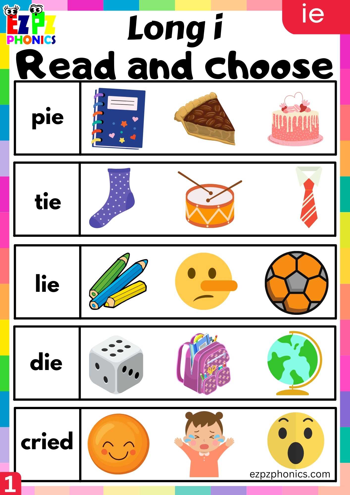 IE Words Read And Choose Long I Phonics Worksheet - ezpzphonics.com