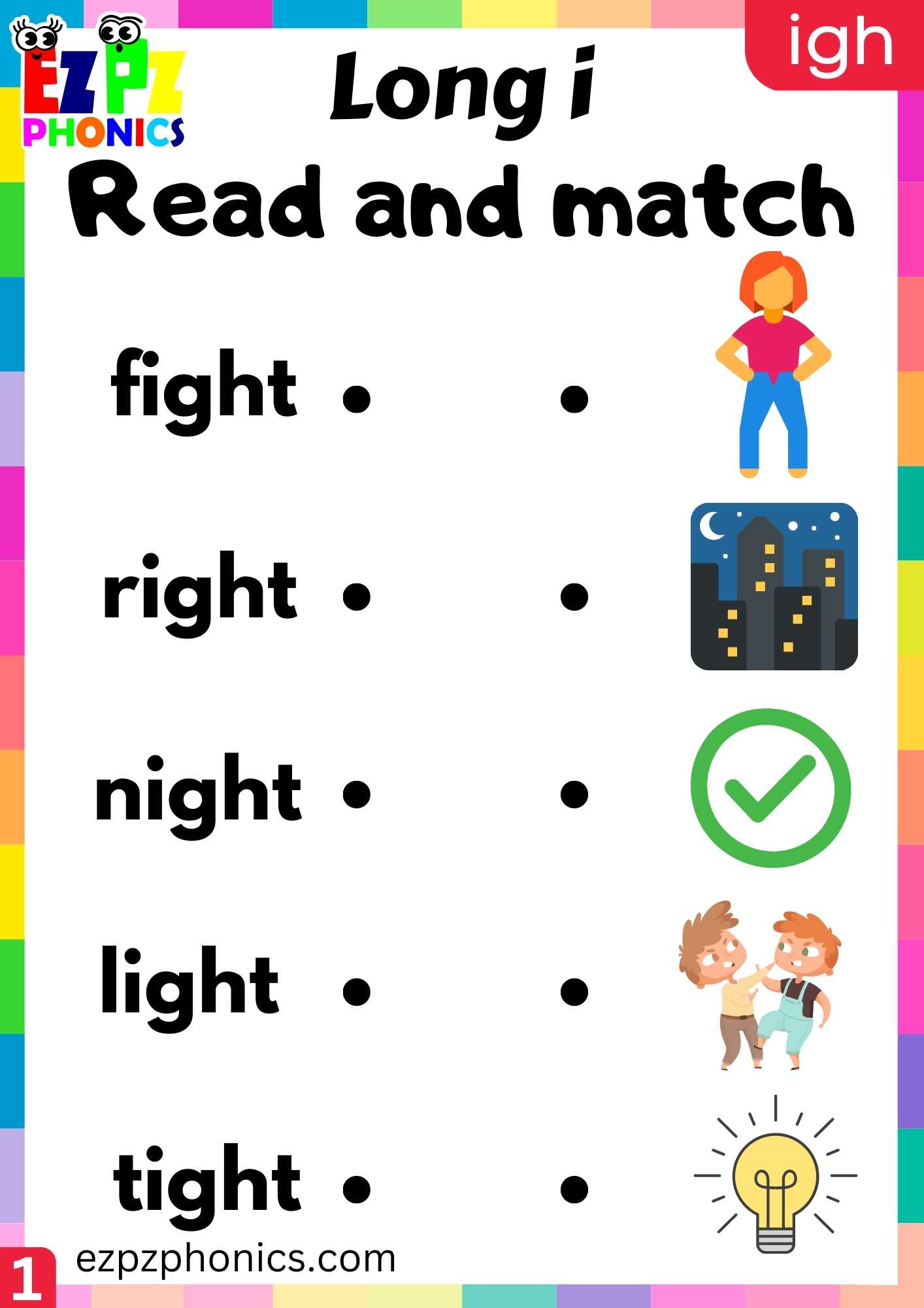 IGH Words Read And Match Long I Phonics Worksheet - ezpzphonics.com
