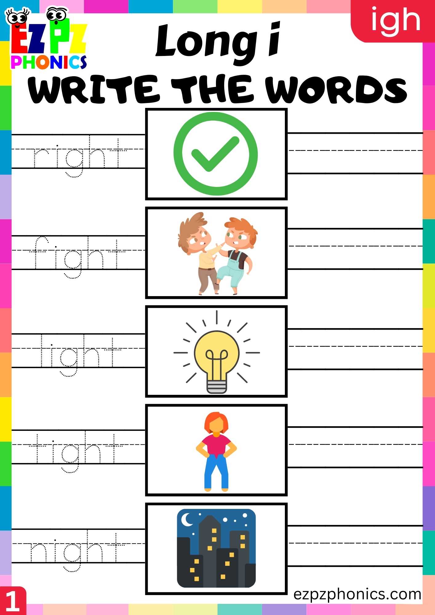 IGH Words Write The Words Long I Phonics Worksheet - ezpzphonics.com