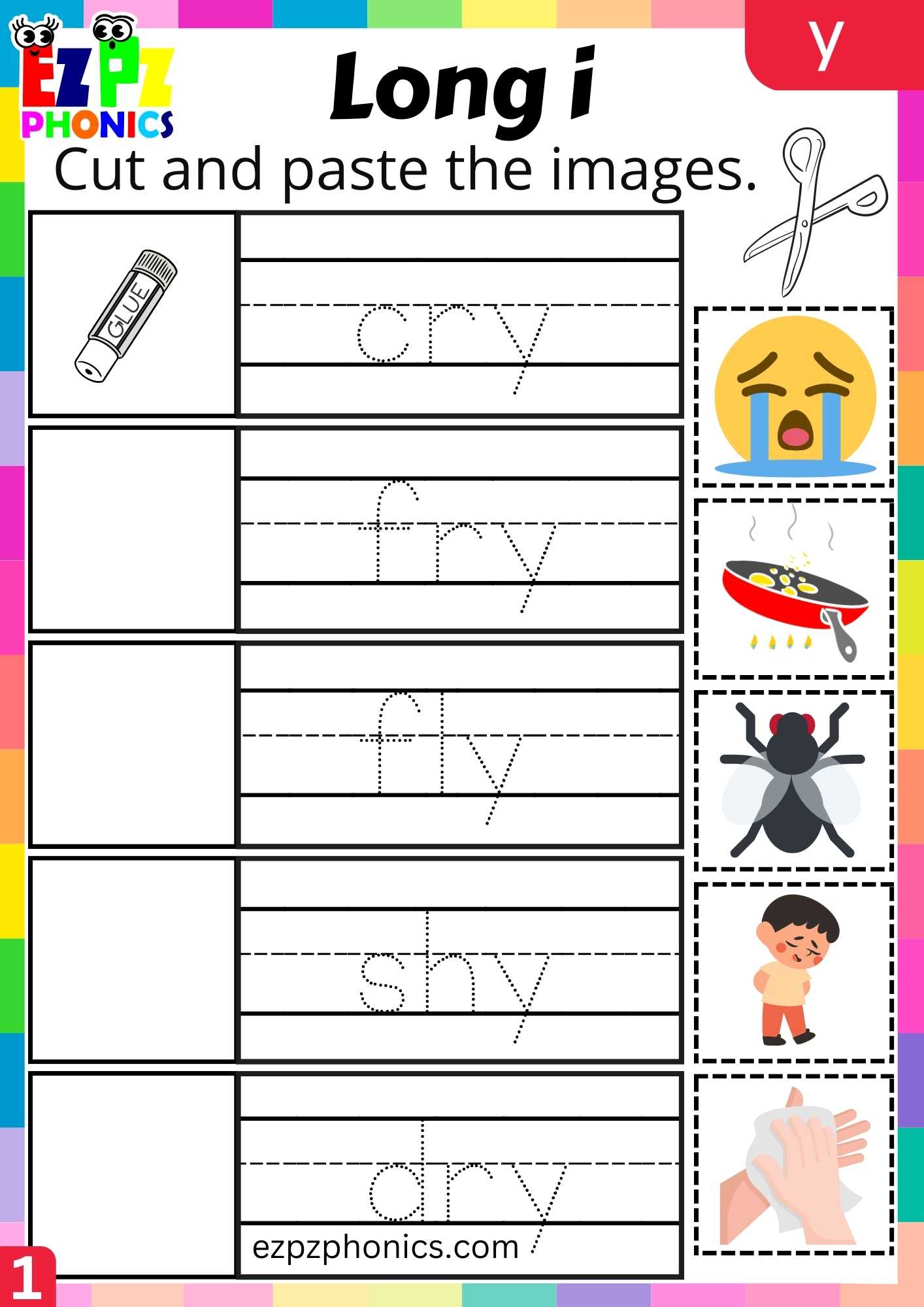 Y Words Cut And Paste The Images Long I Phonics Worksheet - ezpzphonics.com