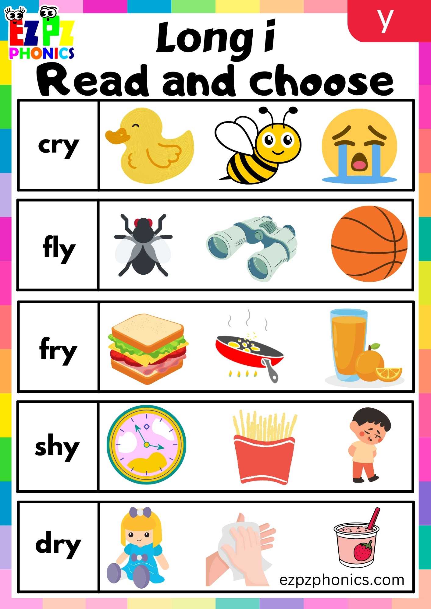 Y Words Read And Choose Long I Phonics Worksheet - ezpzphonics.com