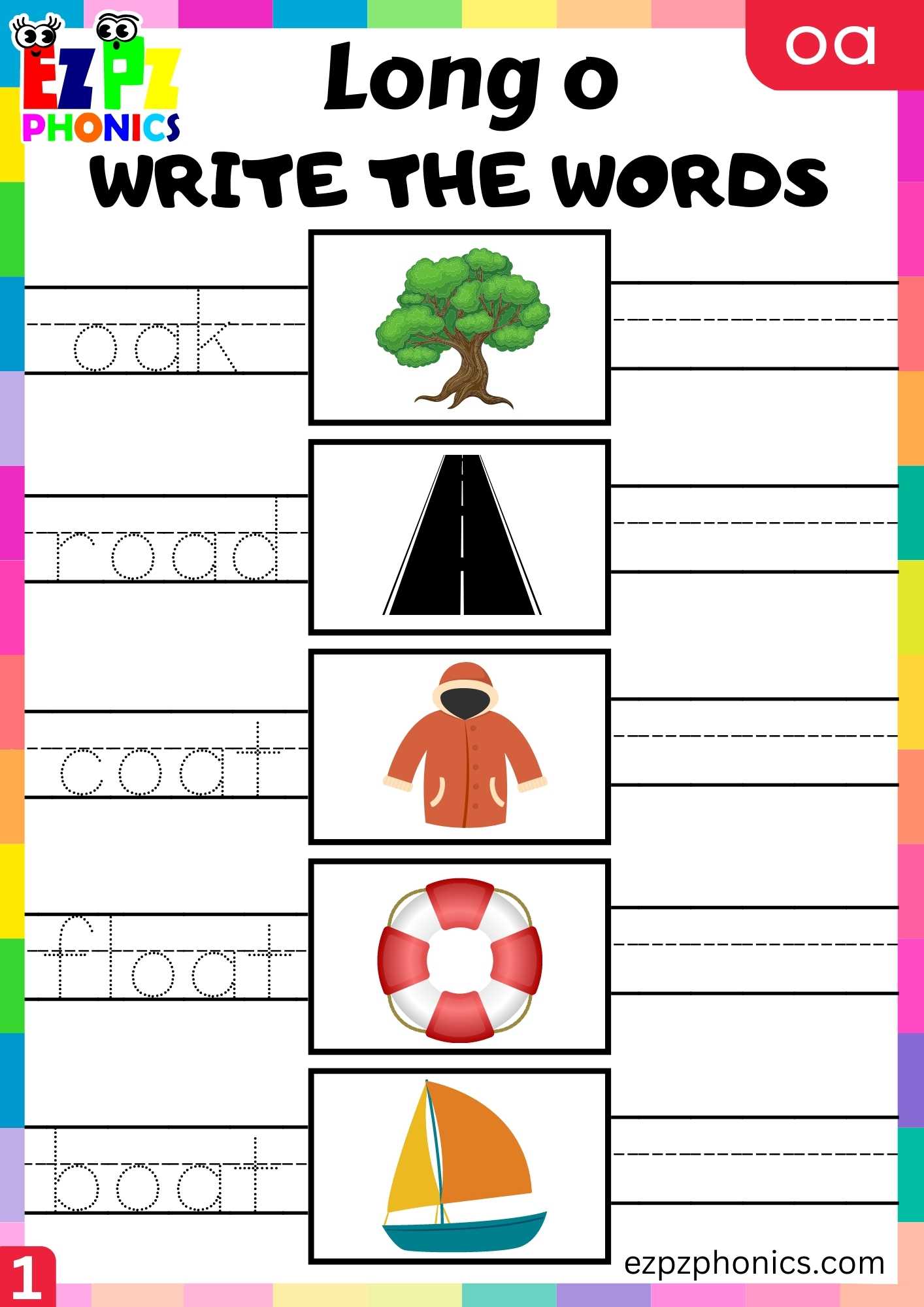 Group1 OA Words Write The Words Long O Phonics Worksheet - ezpzphonics.com