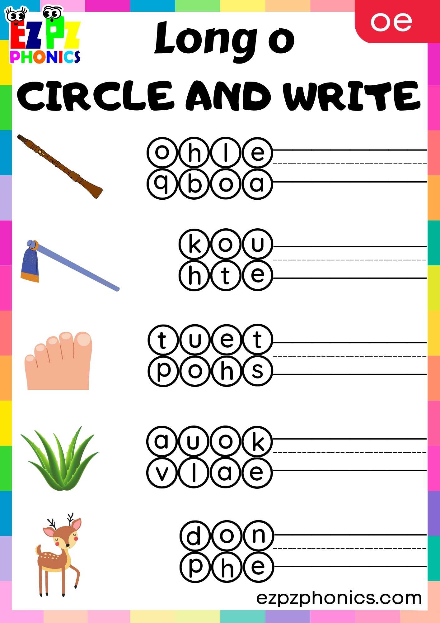 OE Words Circle And Write Long O Phonics Worksheet - ezpzphonics.com