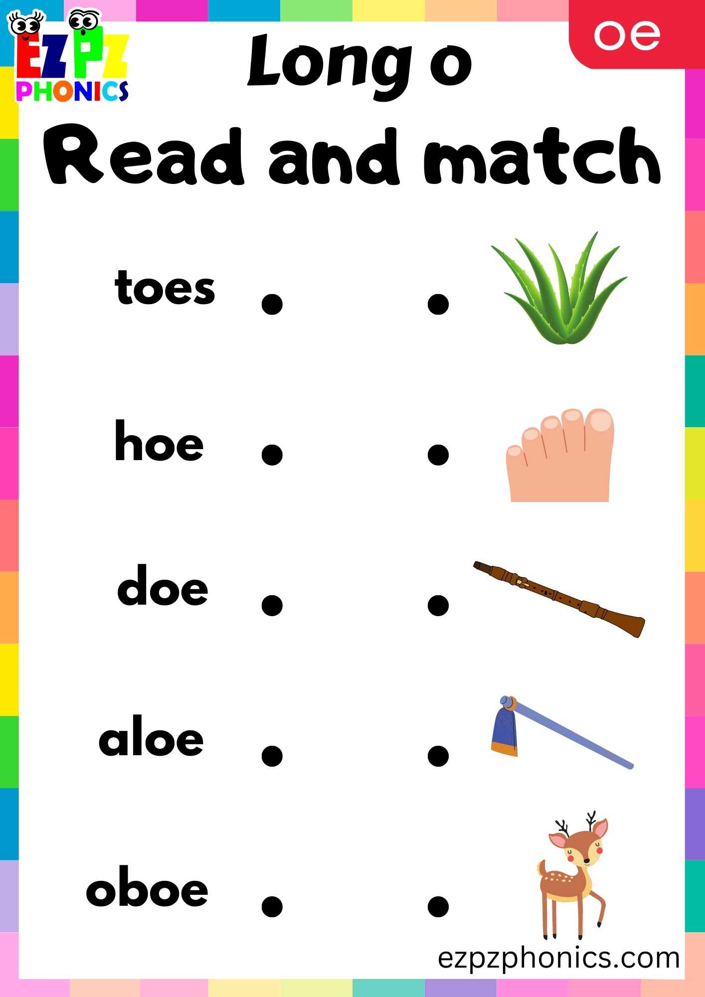 OE Words Read And Match Long O Phonics Worksheet - ezpzphonics.com