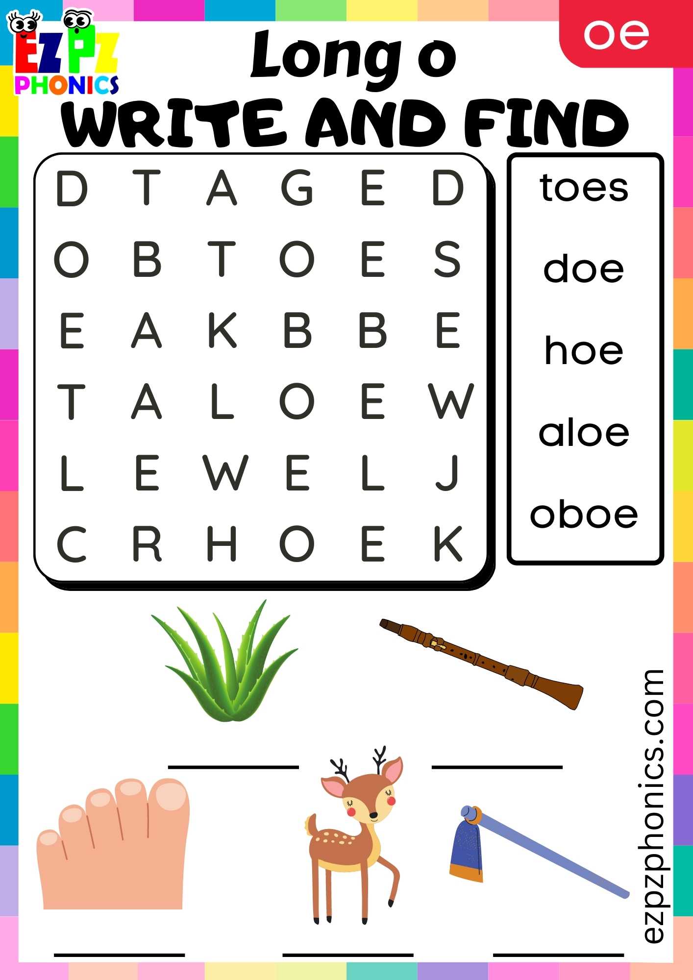 OE Words Write And Find Long O Phonics Worksheet - ezpzphonics.com