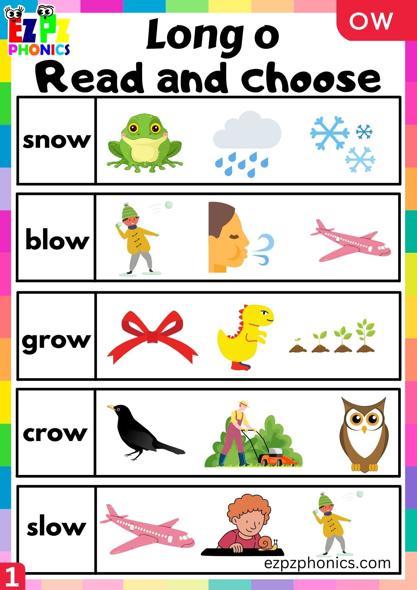 Group1 OW Words Read And Choose Long O Phonics Worksheet - ezpzphonics.com