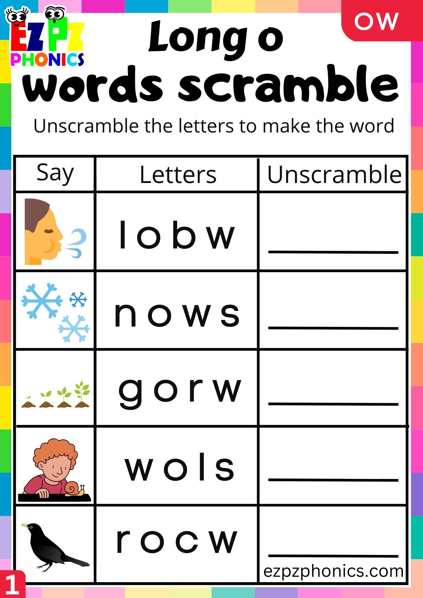 Group1 OW Words Words Scramble Long O Phonics Worksheet - ezpzphonics.com