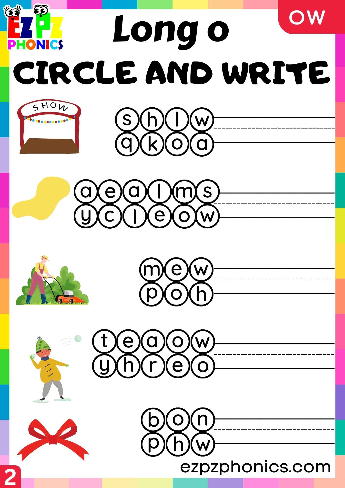 Group2 OW Words Circle And Write Long O Phonics Worksheet - ezpzphonics.com