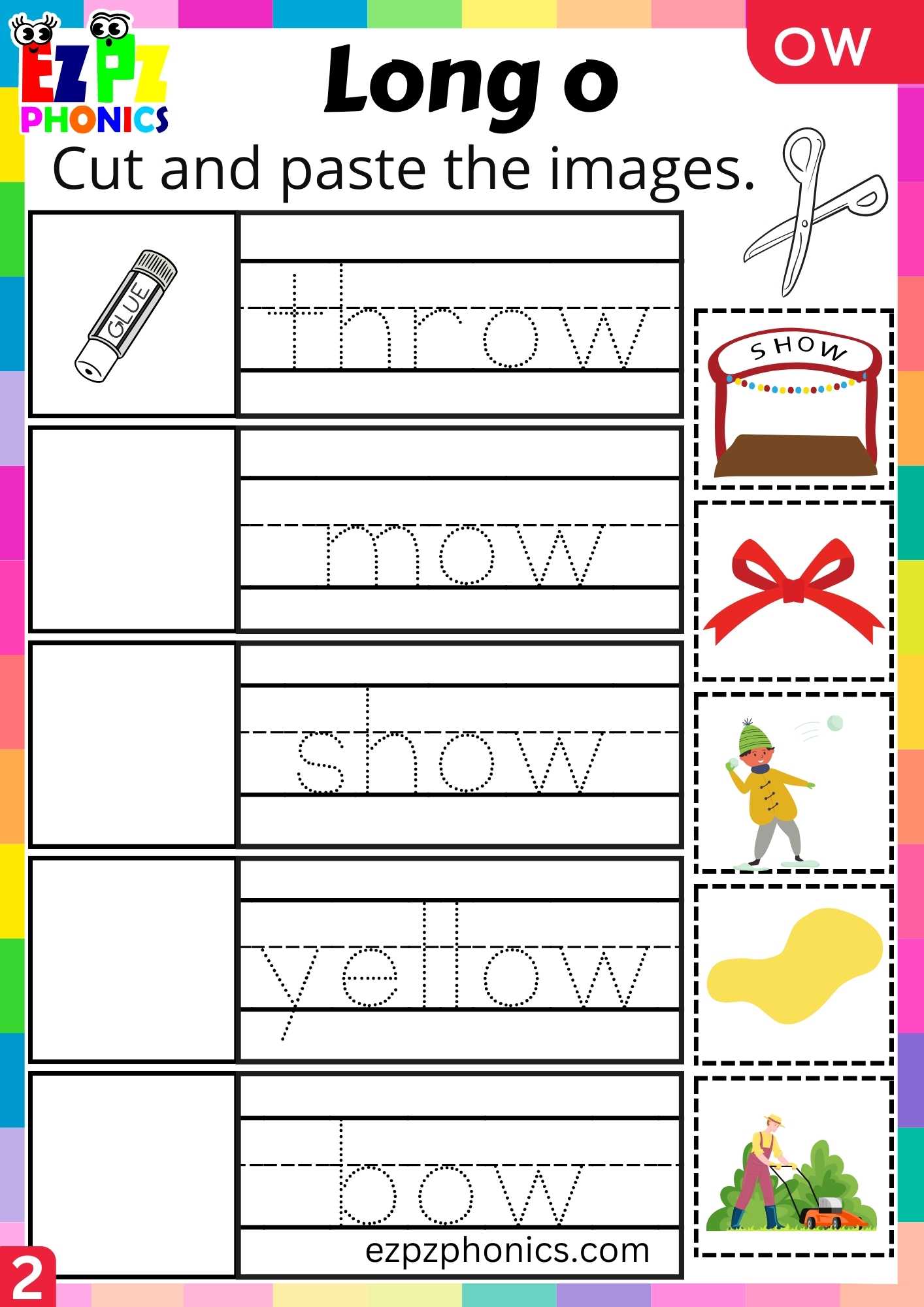 Group2 OW Words Cut And Paste The Images Long O Phonics Worksheet ...