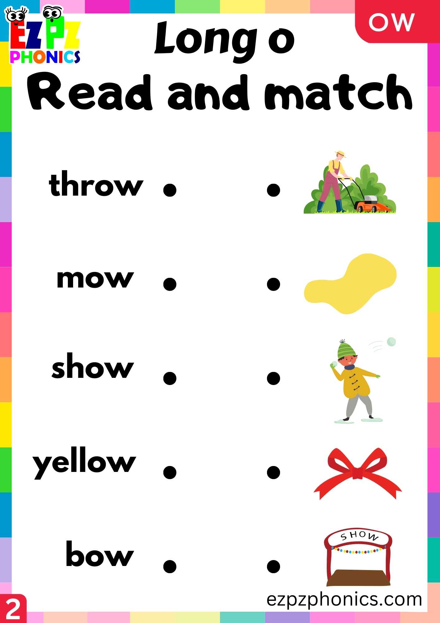 Group2 OW Words Read And Match Long O Phonics Worksheet - ezpzphonics.com