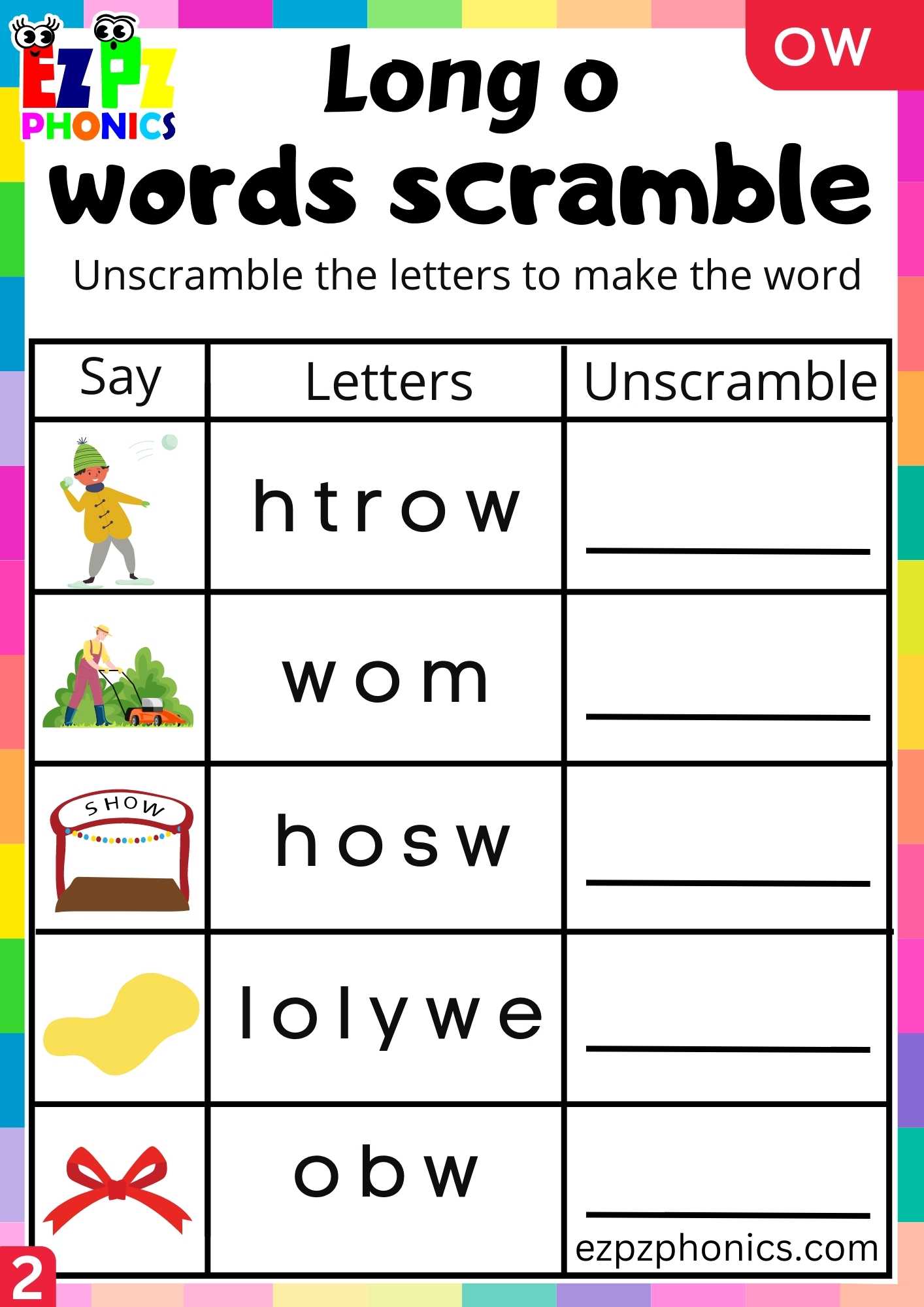 Group2 OW Words Words Scramble Long O Phonics Worksheet - ezpzphonics.com