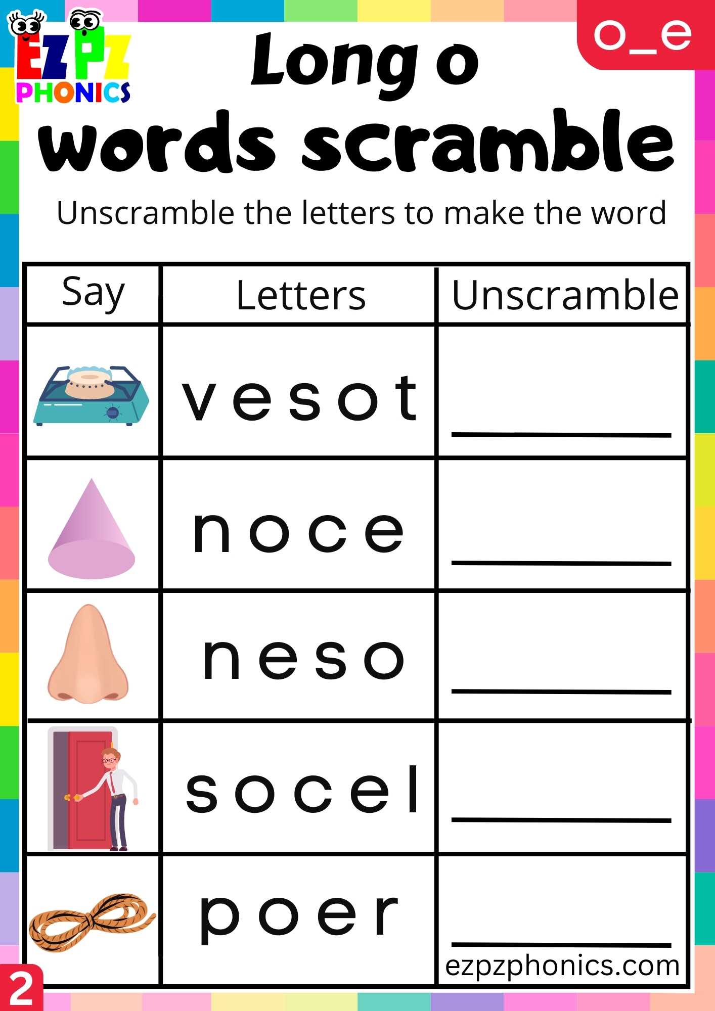 Group2 O_E Words Words Scramble Long O Phonics Worksheet - ezpzphonics.com