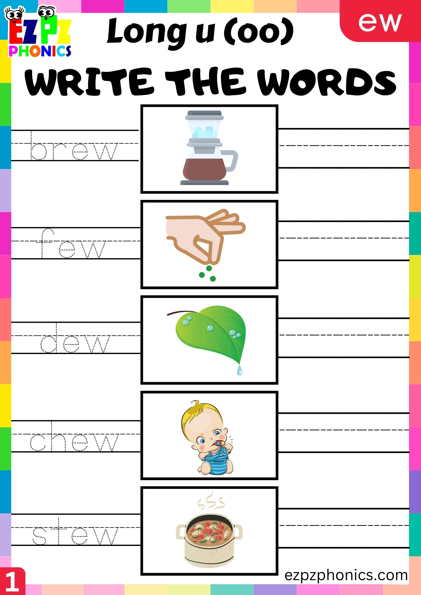 ew Words Long u (oo)/ew Long u (oo) Write the Words Worksheet PDF ...