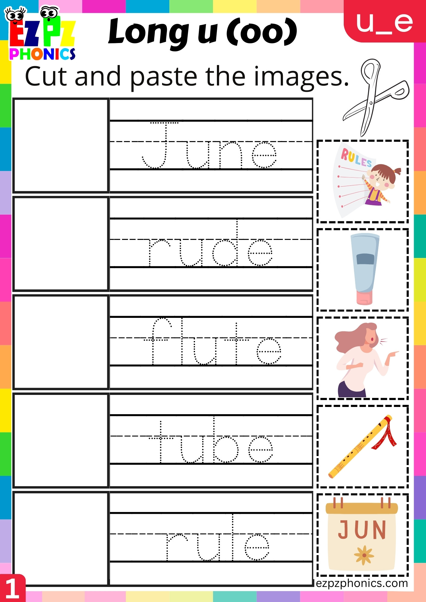 Cut and Paste the Images Activity for u_e Words Long u (oo) Sound ...