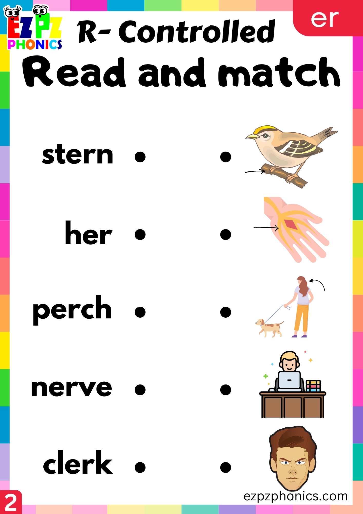 Read and match activity for er words R controlled vowels phonics group ...
