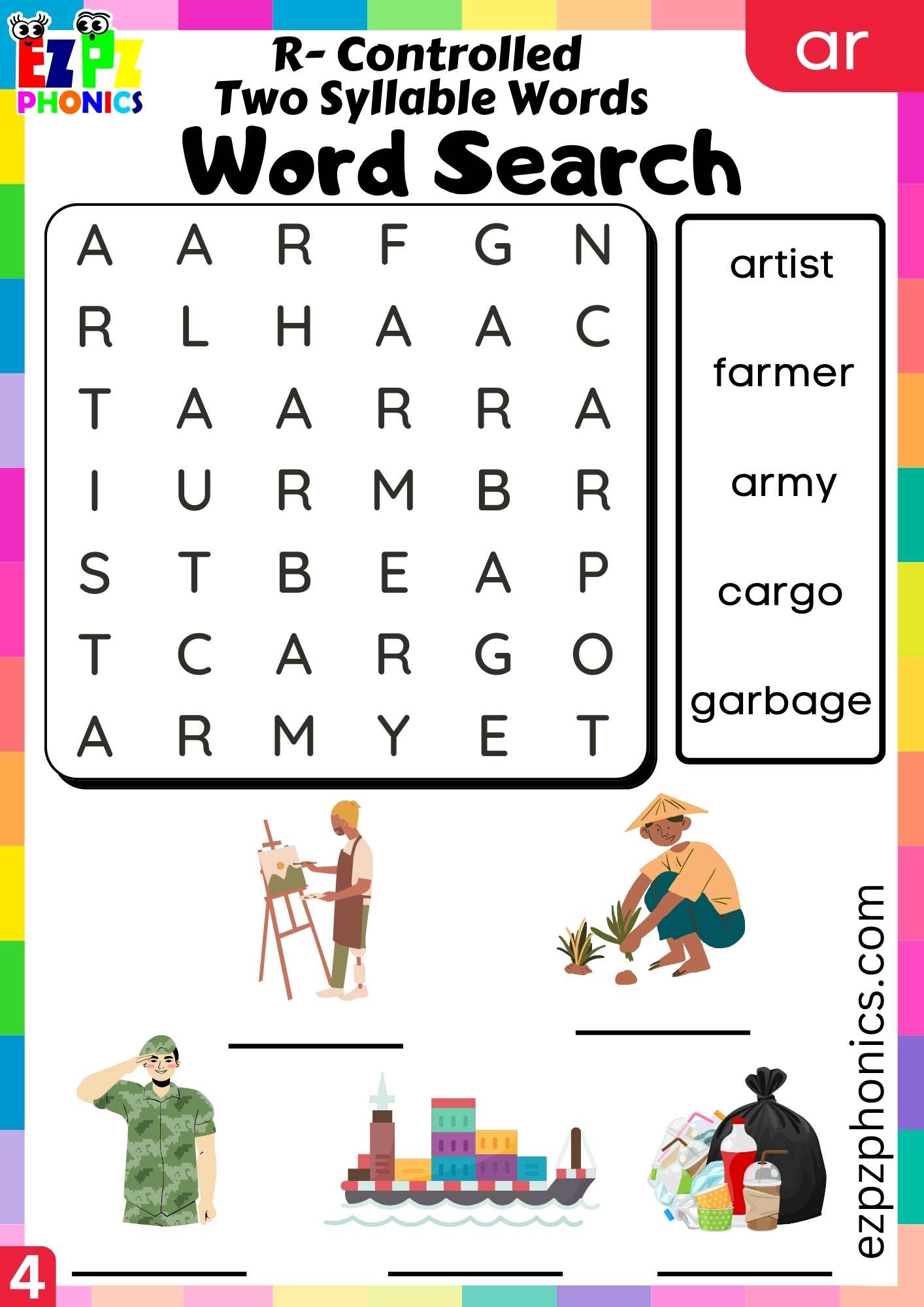 Word search activity for ar two syllable words R controlled vowels ...
