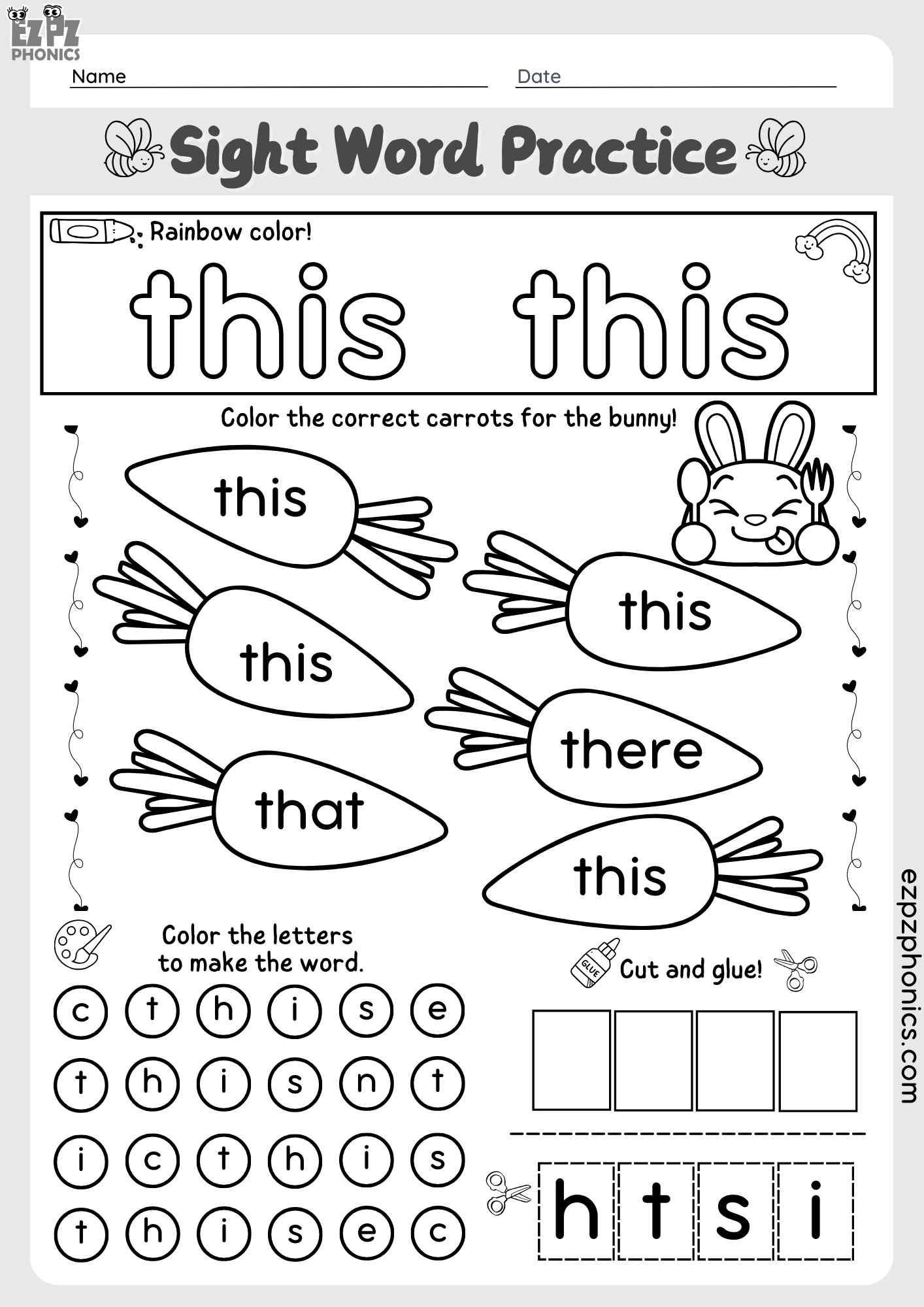 "This" Kindergarten Sight Word Coloring and Cut and Paste Activities ...