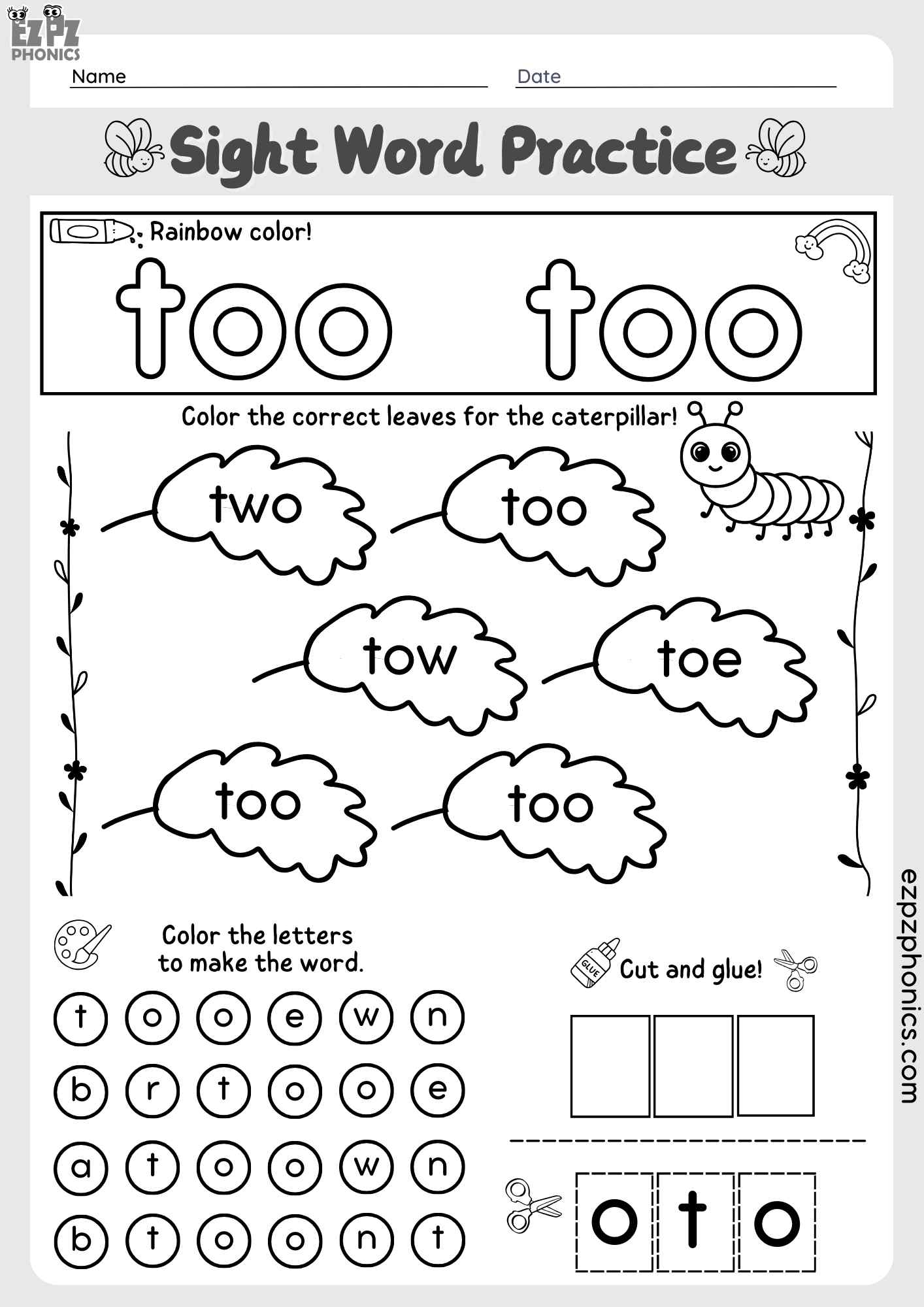 "Too" Kindergarten Sight Word Coloring and Cut and Paste Activities PDF ...