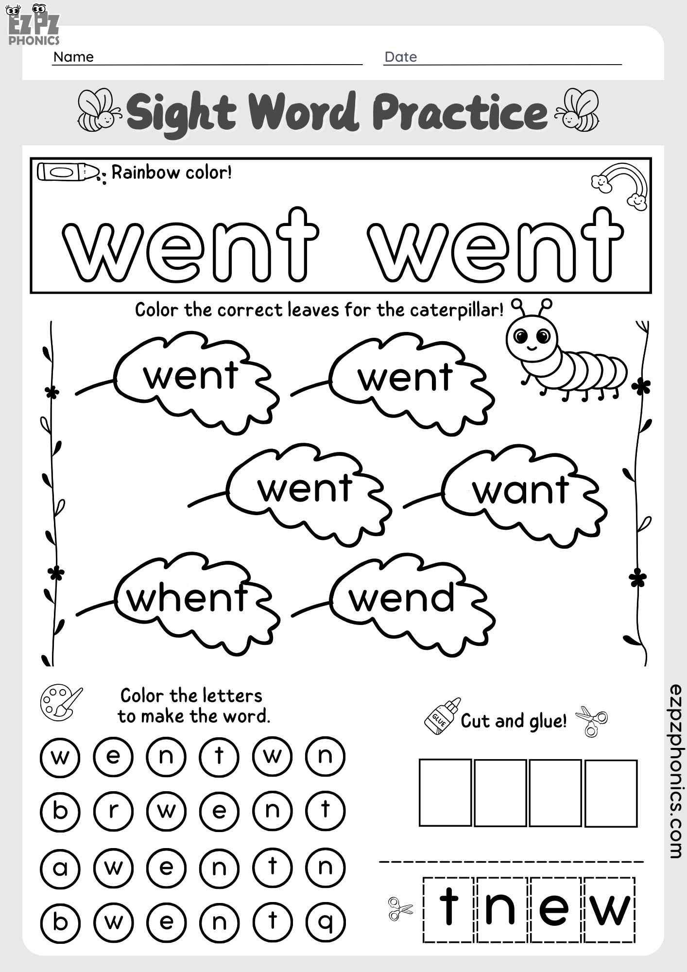 "Went" Kindergarten Sight Word Coloring and Cut and Paste Activities ...